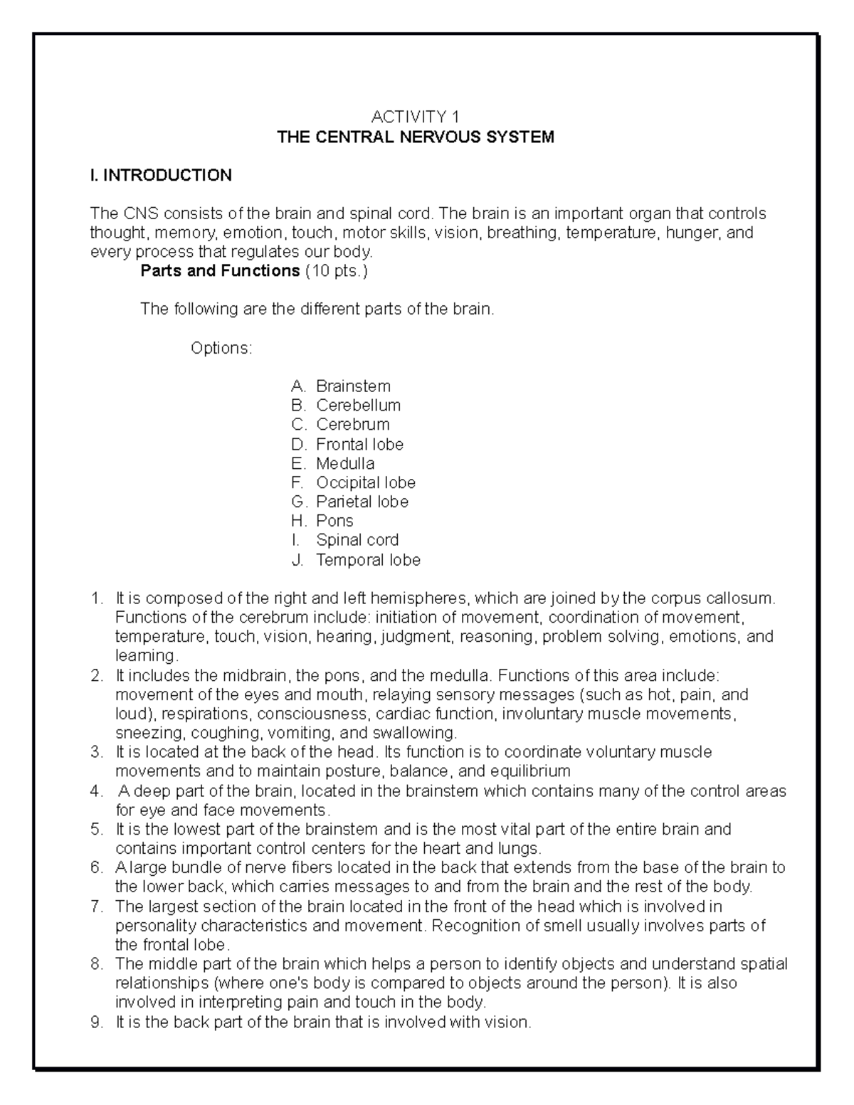 THE Central Nervous System - ACTIVITY 1 THE CENTRAL NERVOUS SYSTEM I ...