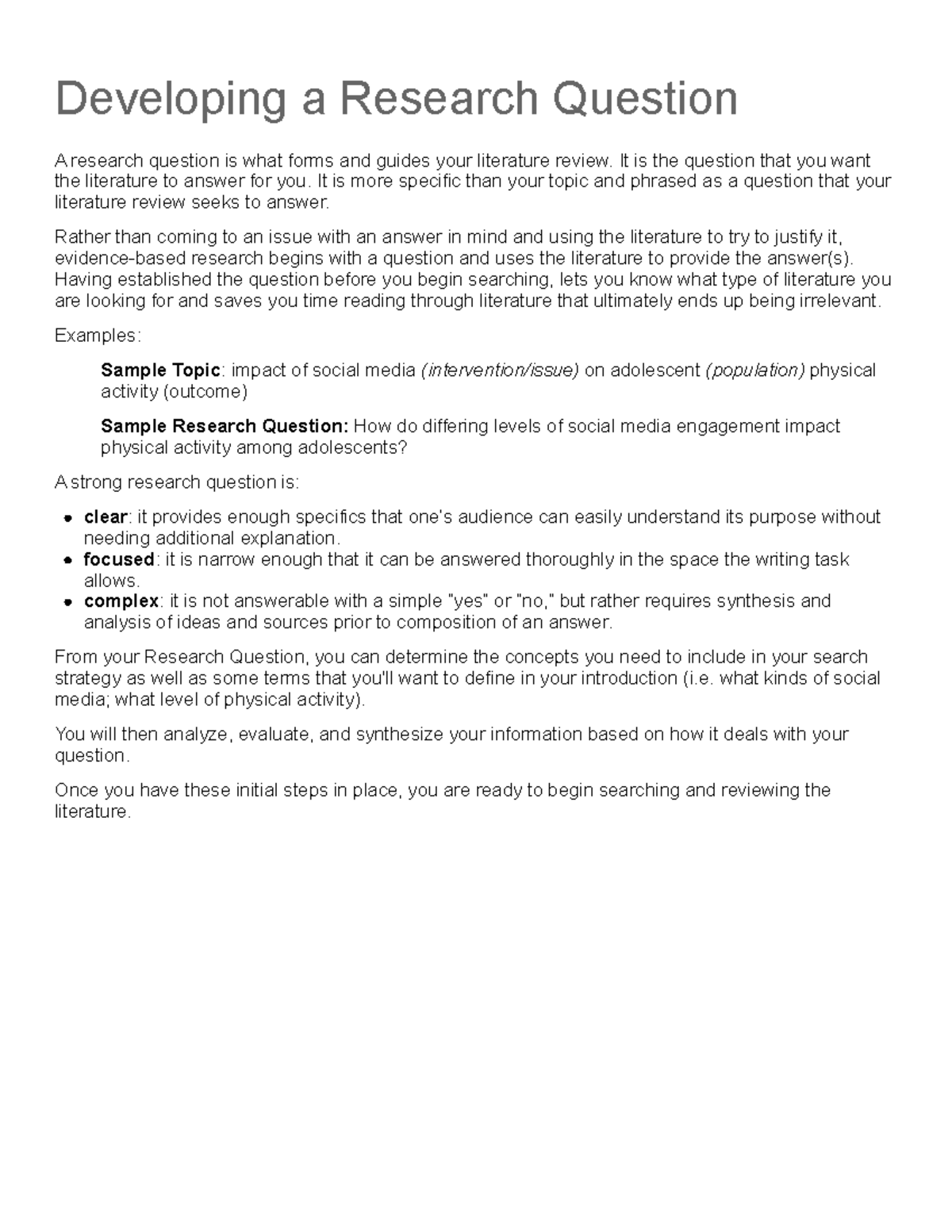 Developing a Research Question 2235-SOCW-5395-001- Integrative Seminar ...