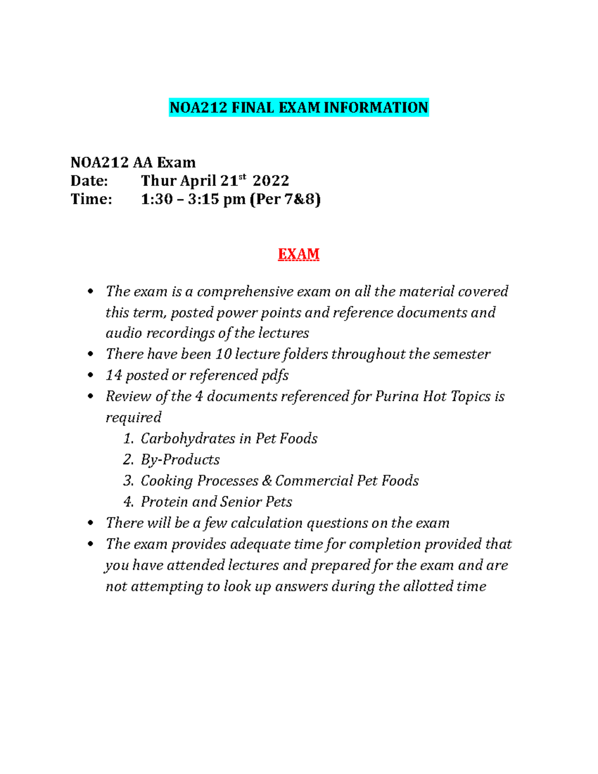 NOA212 Final EXAM Information AA - NOA212 FINAL EXAM INFORMATION NOA212 ...