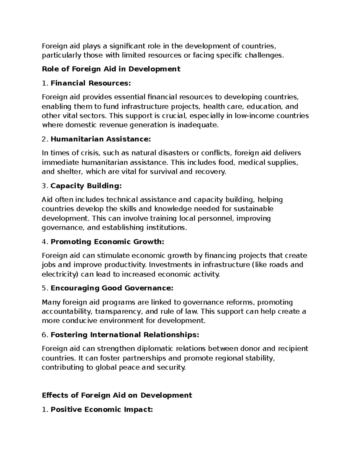 Role of Foreign Aid in Development - Foreign aid plays a significant ...