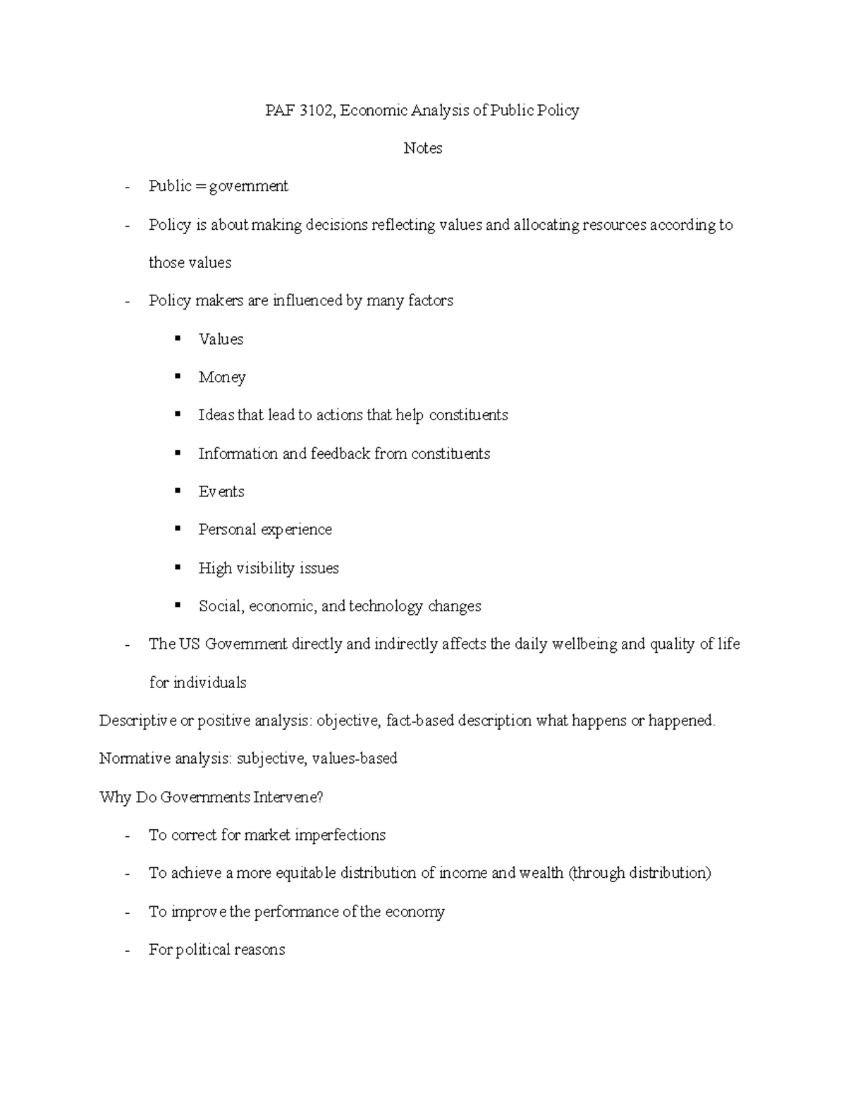 Notes - PAF 3102, Economic Analysis of Public Policy Notes Public ...