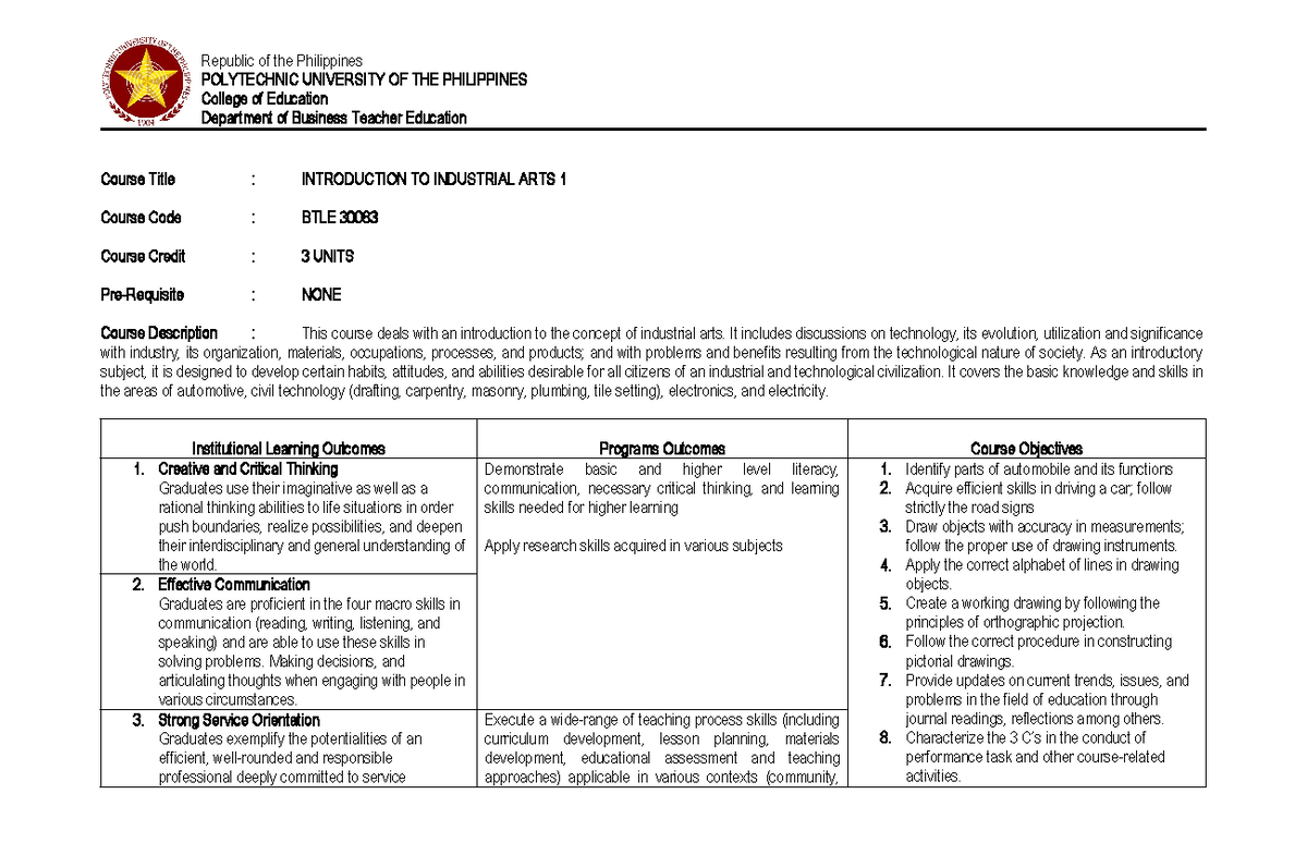 syllabus for introduction to industrial arts - Republic of the ...