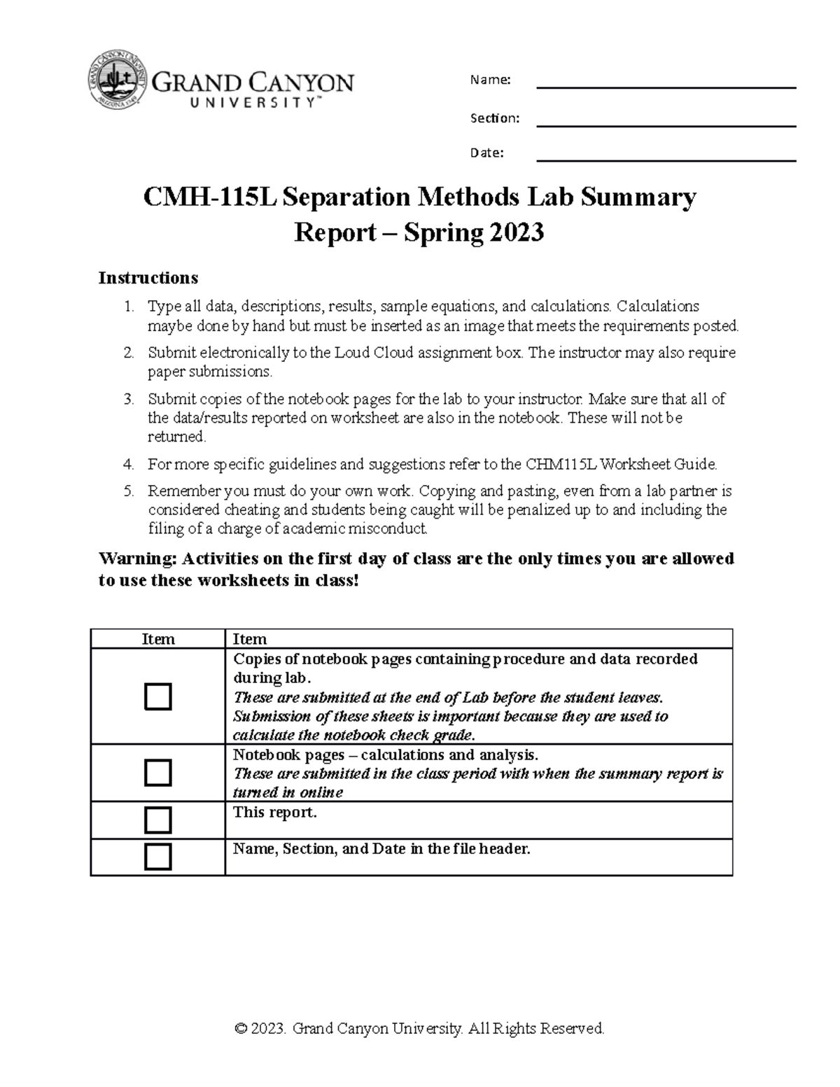 Seperation lab - Section: Date: CMH-115L Separation Methods Lab Summary ...