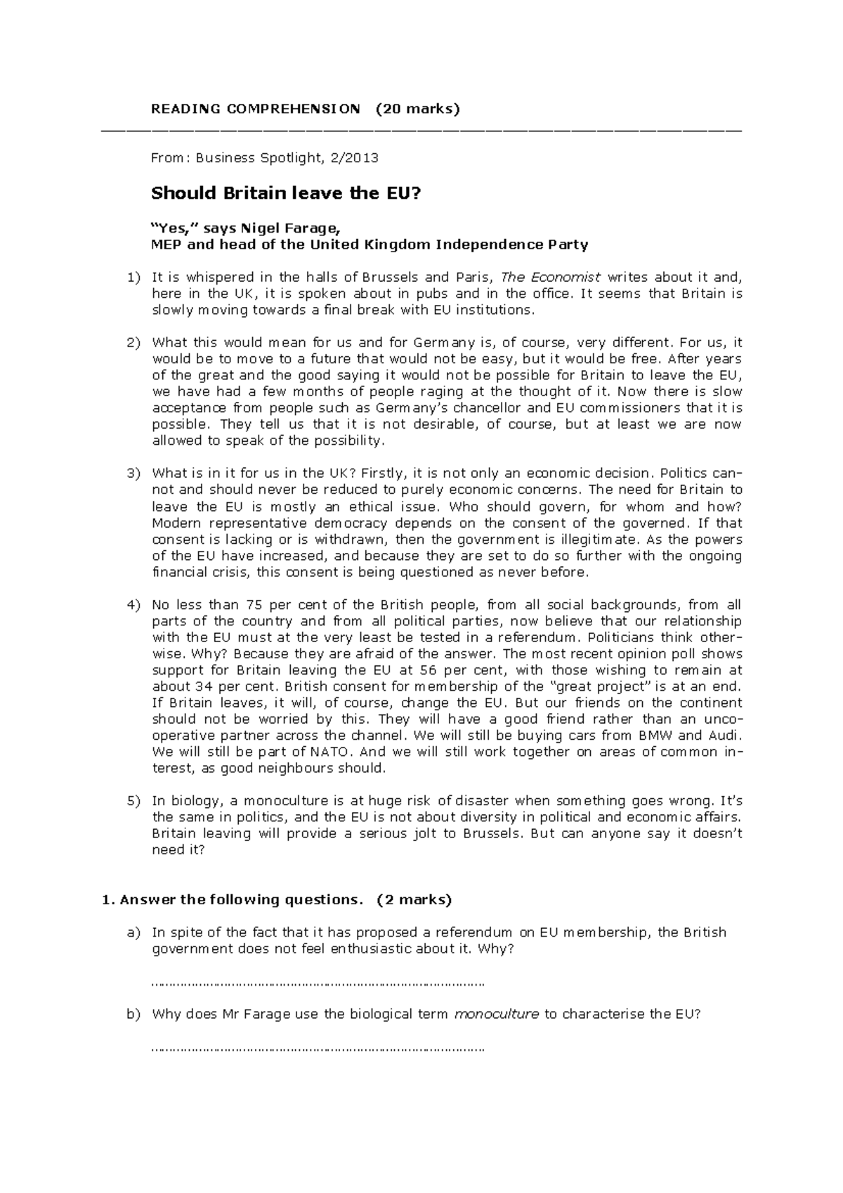 Reading Comprehension - Should Britain leave the EU - READING ...