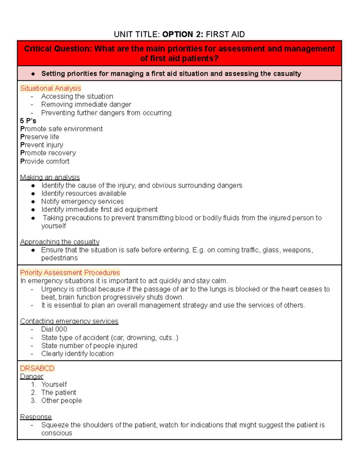 Pdhpe First Aid Study Notes Template - UNIT TITLE: OPTION 2: FIRST AID ...