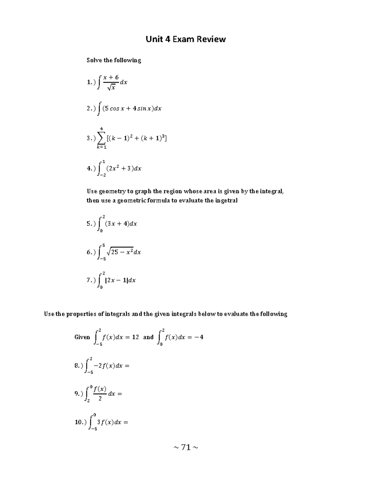 Microsoft Word - MATH 181 Student Packet - ~ 71 ~ Unit 4 Exam Review ...