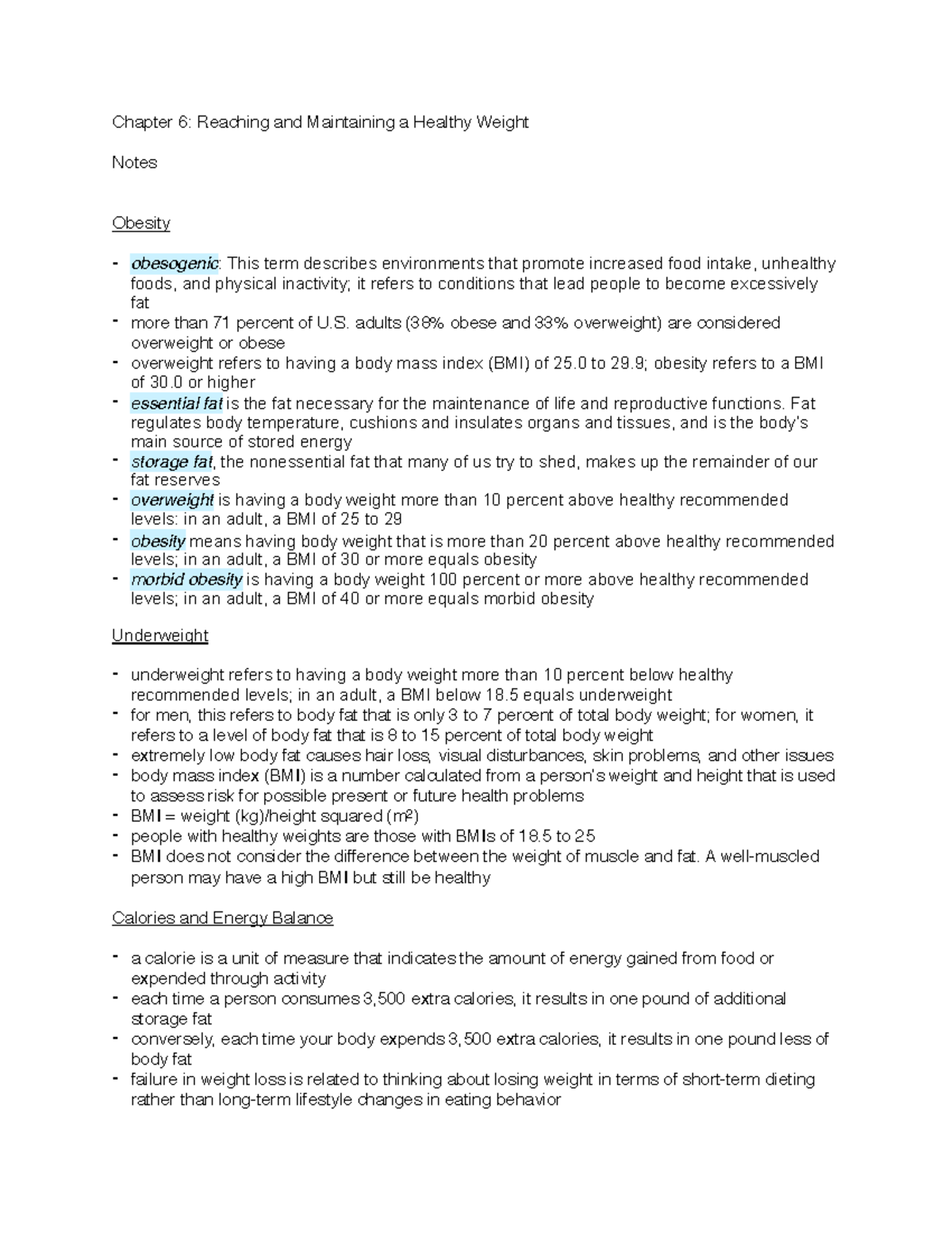 Chapter 6: Notes - Chapter 6: Reaching and Maintaining a Healthy Weight ...