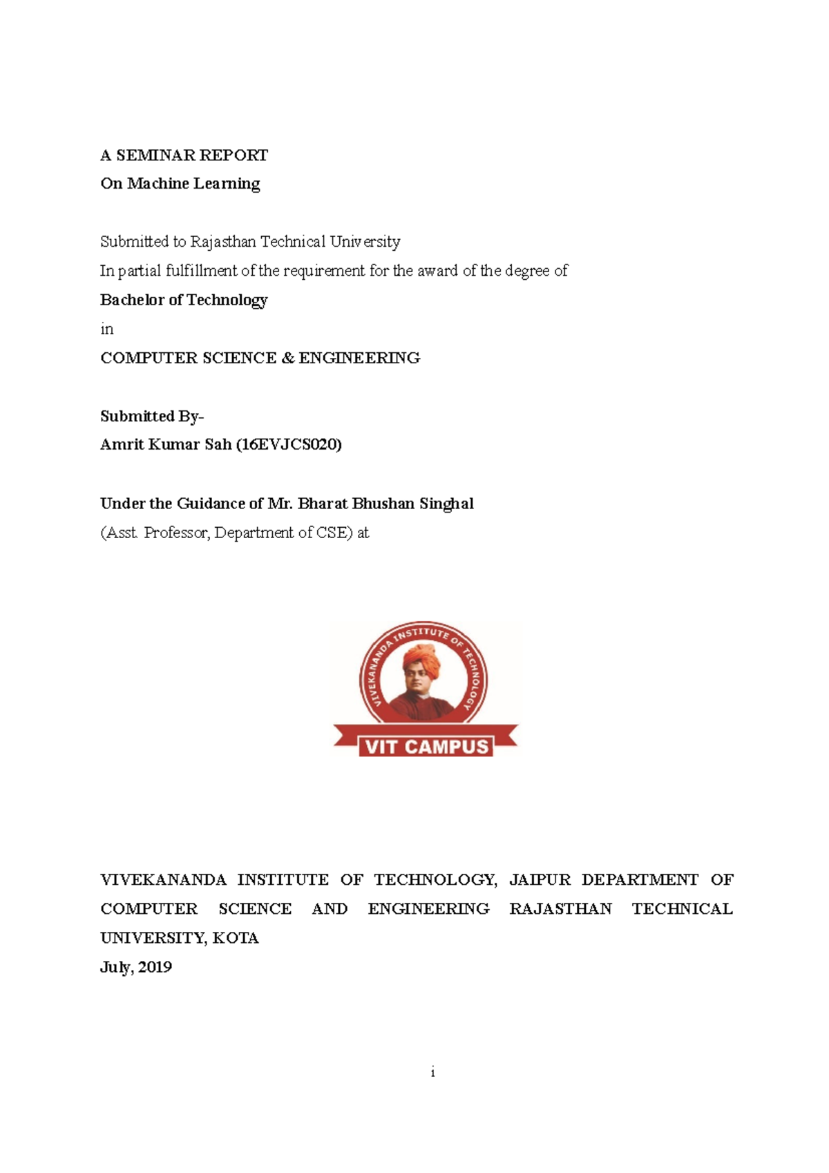 A Seminar Report On Machine Learning - i A SEMINAR REPORT On Machine ...