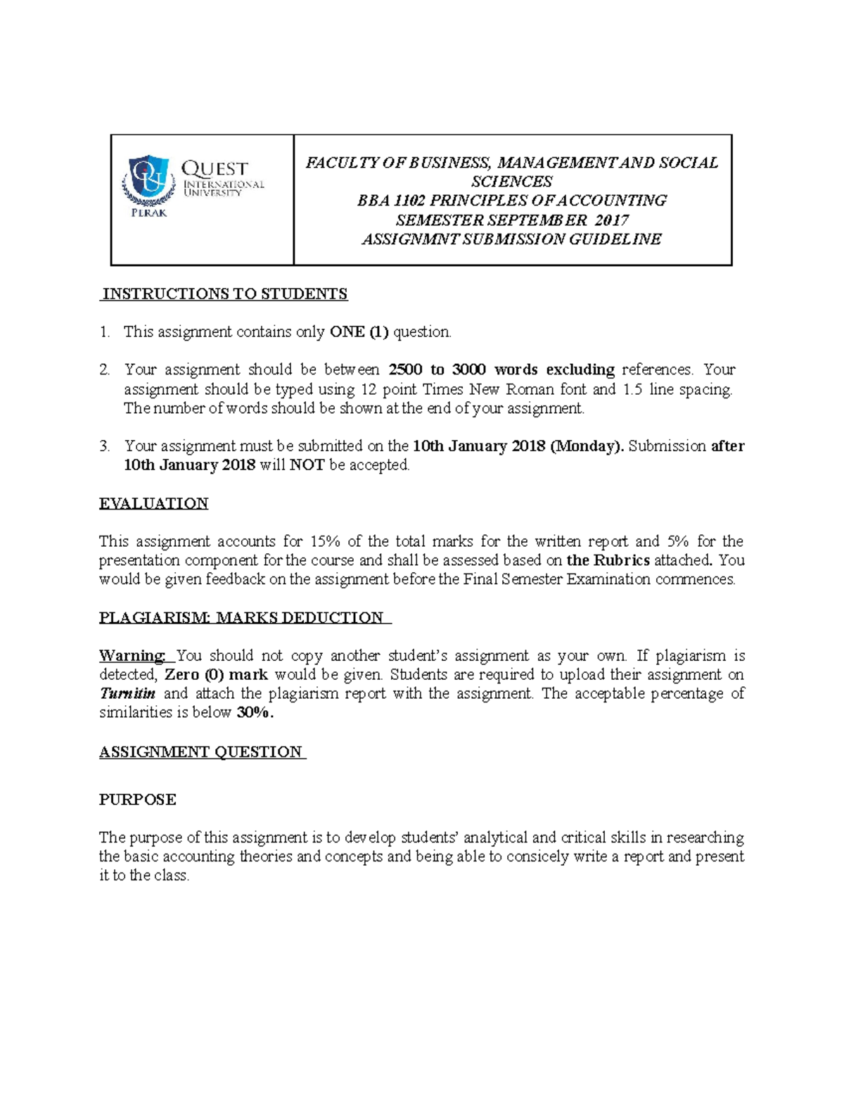 Assignment Principles OF Accounting - FACULTY OF BUSINESS, MANAGEMENT ...