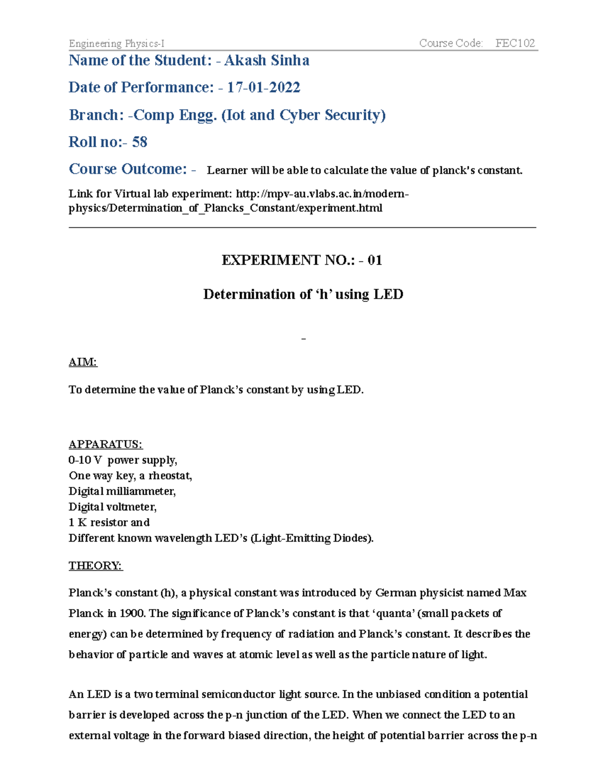 Experiment no.1 Plancks constant using LED - Name of the Student ...