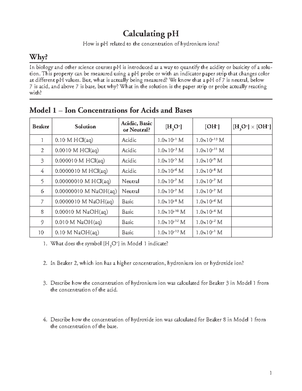 Worksheet - Calculating p H - Calculating pH How is pH related to the ...