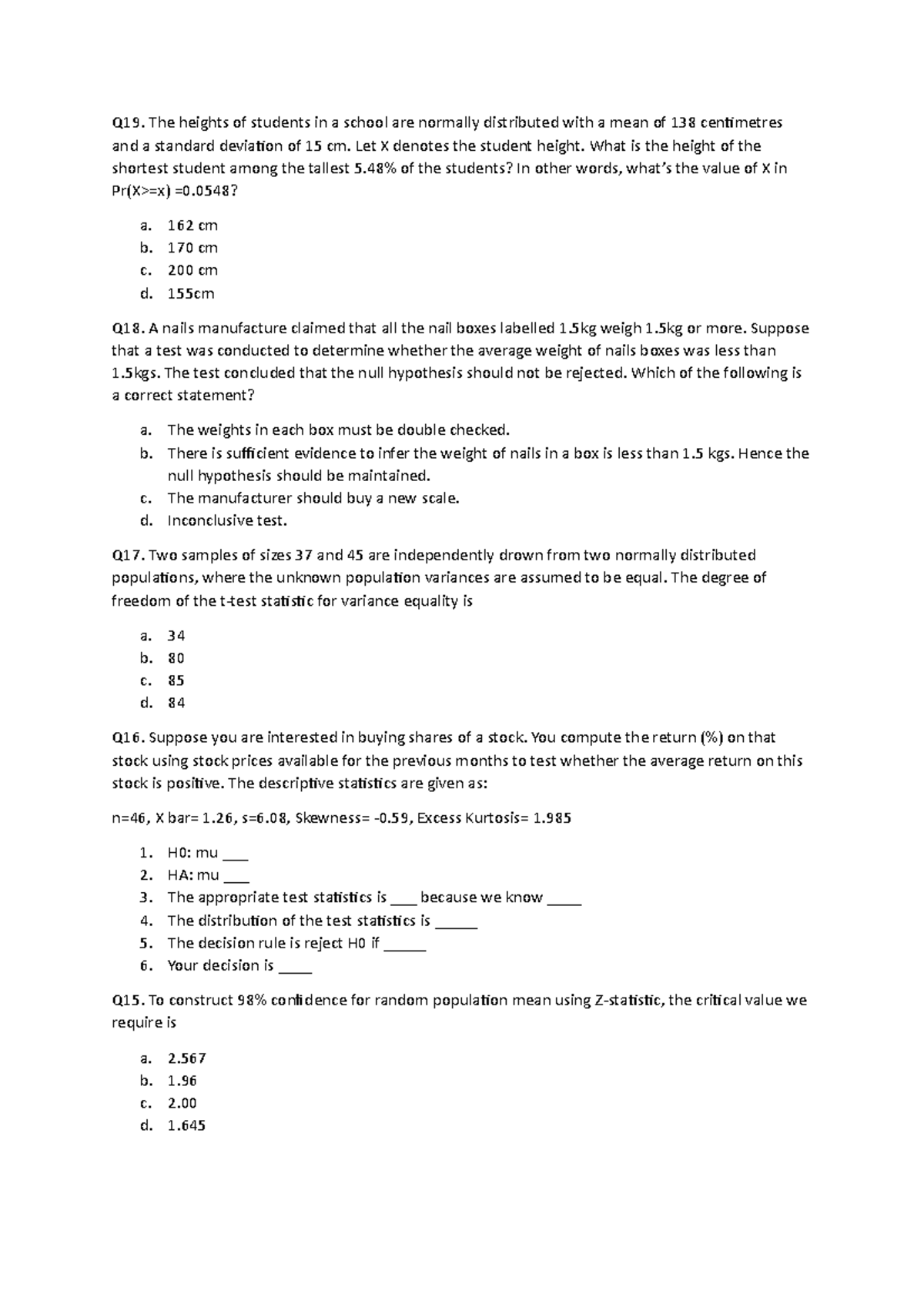 Sbf test 2 - Q19. The heights of students in a school are normally ...