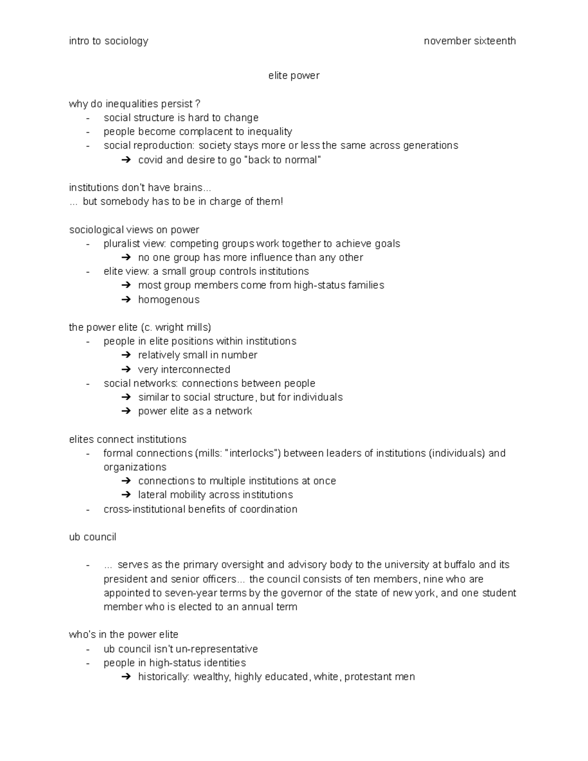 Elite power - Sarah Ford - intro to sociology november sixteenth elite ...