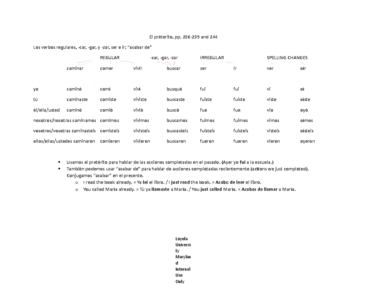 El preterito- The preterite - El préterito, pp. 206-209 and 244 Los ...