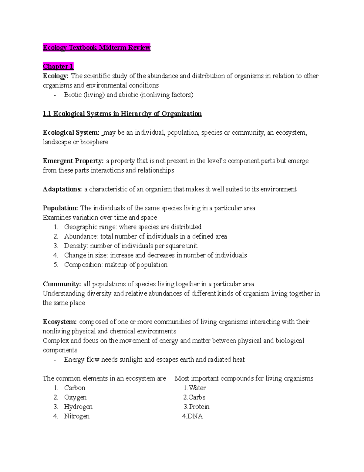 Ecology Textbook Review - Ecology Textbook Midterm Review Chapter 1 ...