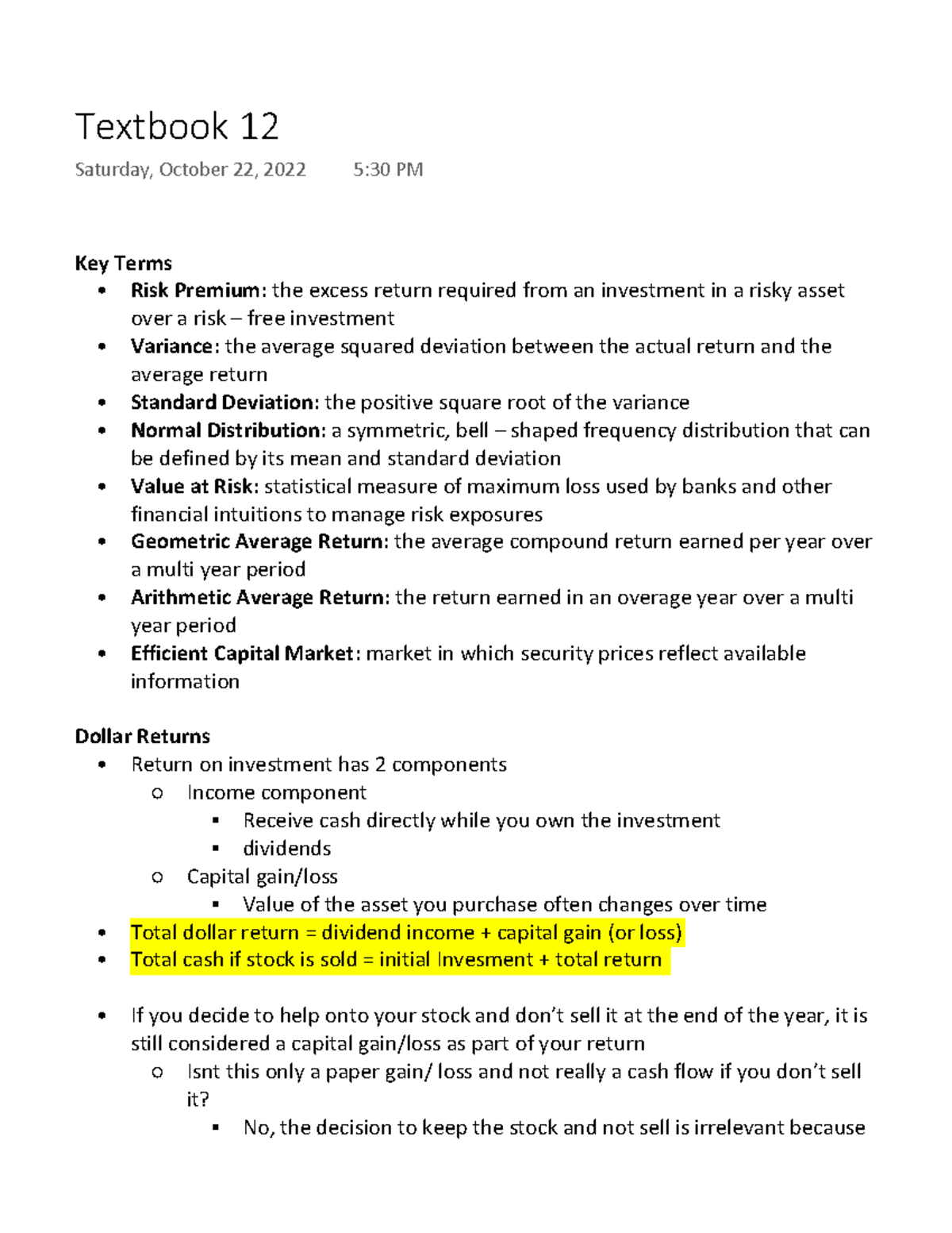 Finance Textbook 12 - Key Terms Risk Premium: the excess return ...