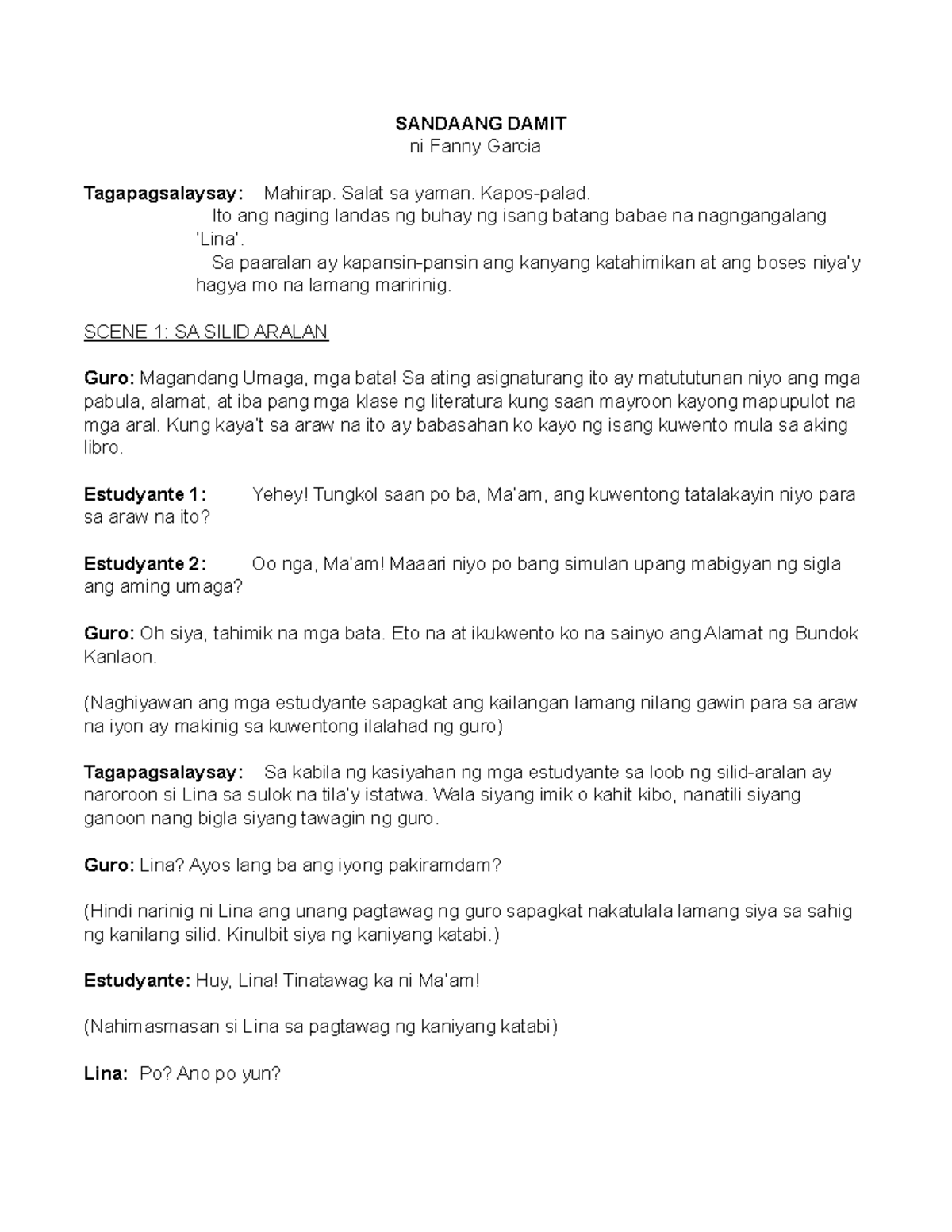 Sandaang Damit Script - None - SANDAANG DAMIT ni Fanny Garcia ...