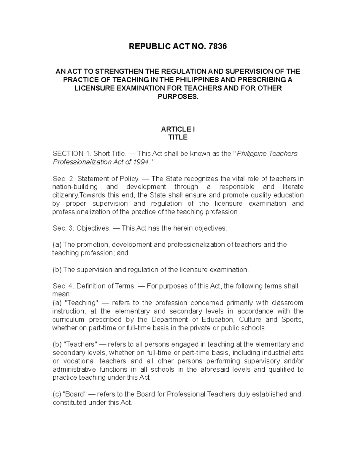 Professional Teachers - RA No. 7836 0 - REPUBLIC ACT NO. 7836 AN ACT TO ...