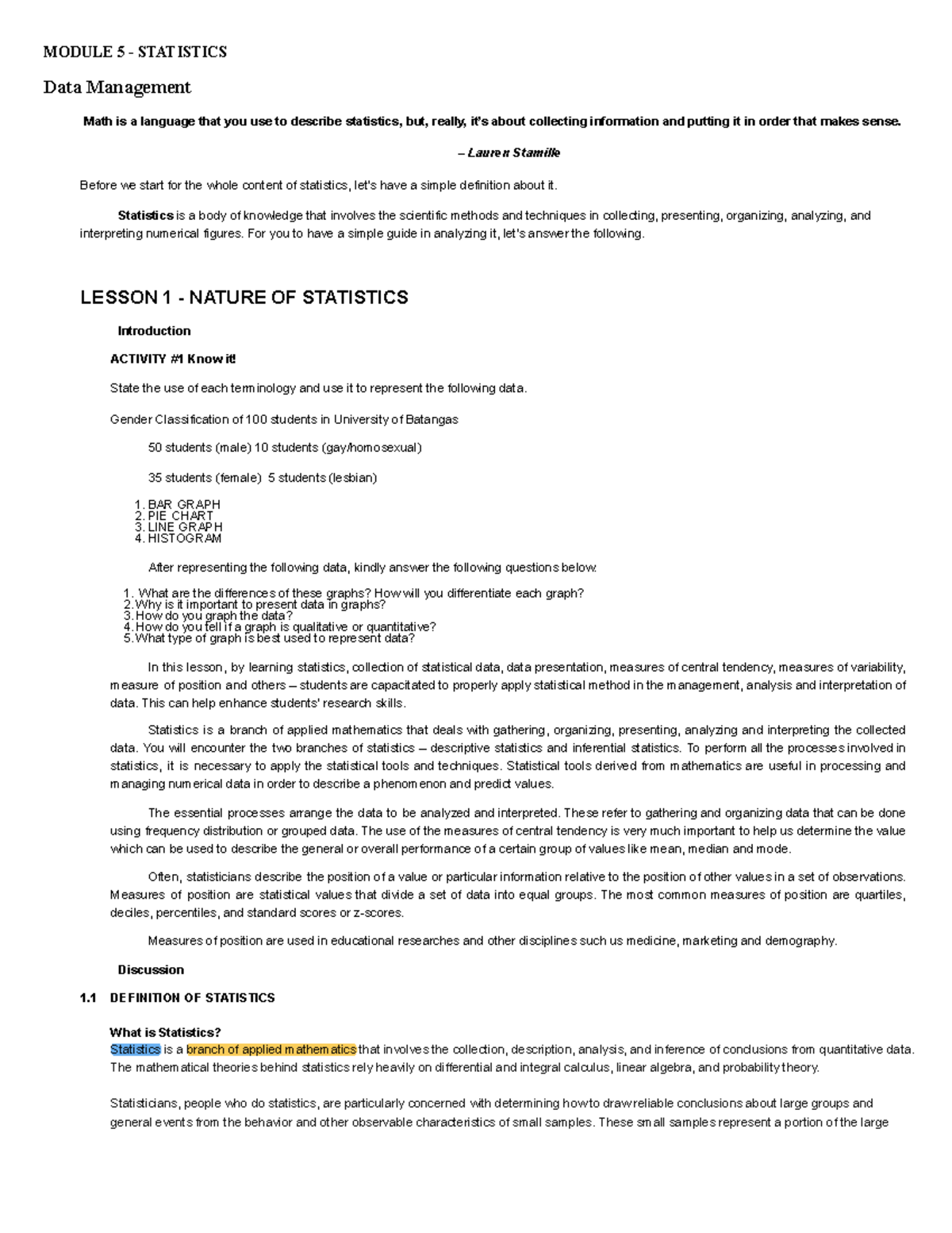 Module-1- Statac - N/A - MODULE 5 - STATISTICS Data Management Math is ...