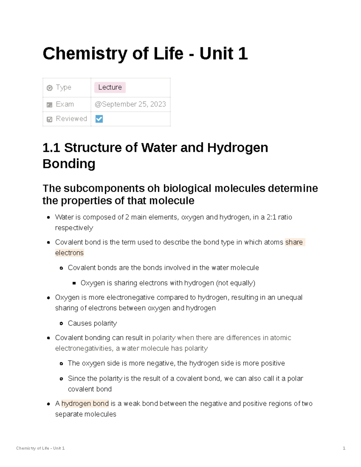 Notes - Chemistry of Life - Unit 1 Type Lecture Exam Reviewed 1 ...