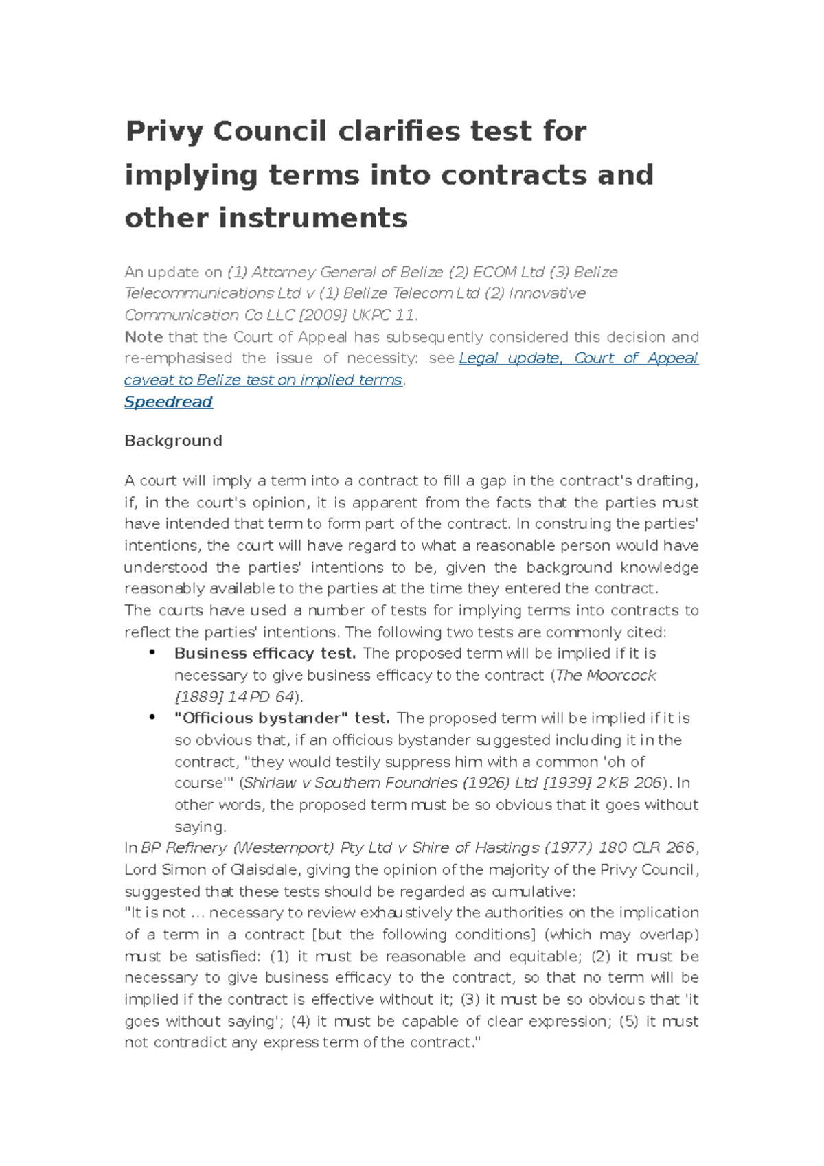 AG-Belize Telecom Ltd summary - Privy Council clarifies test for ...