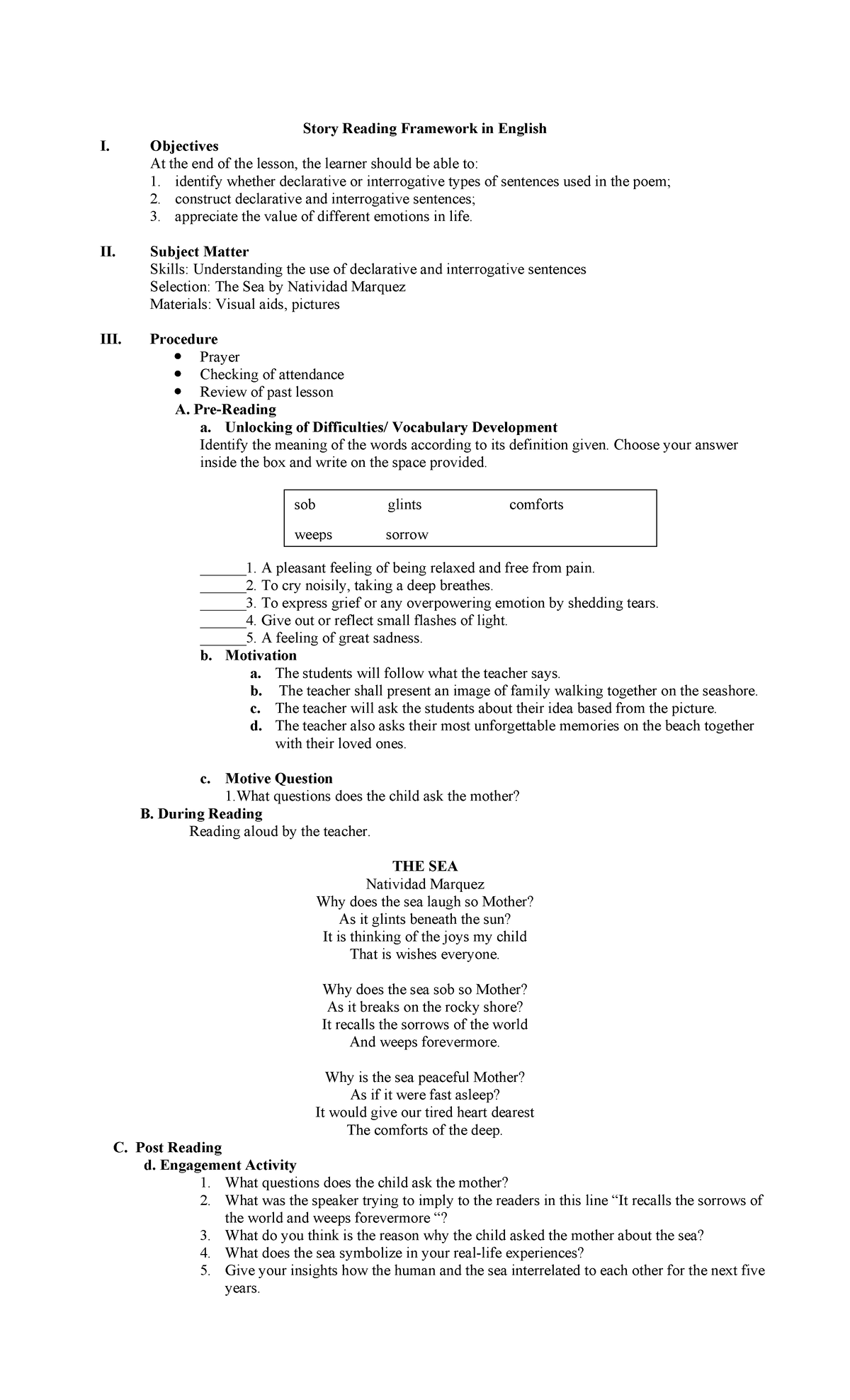 LP- Corrected - Story Reading Framework in English I. Objectives At the ...
