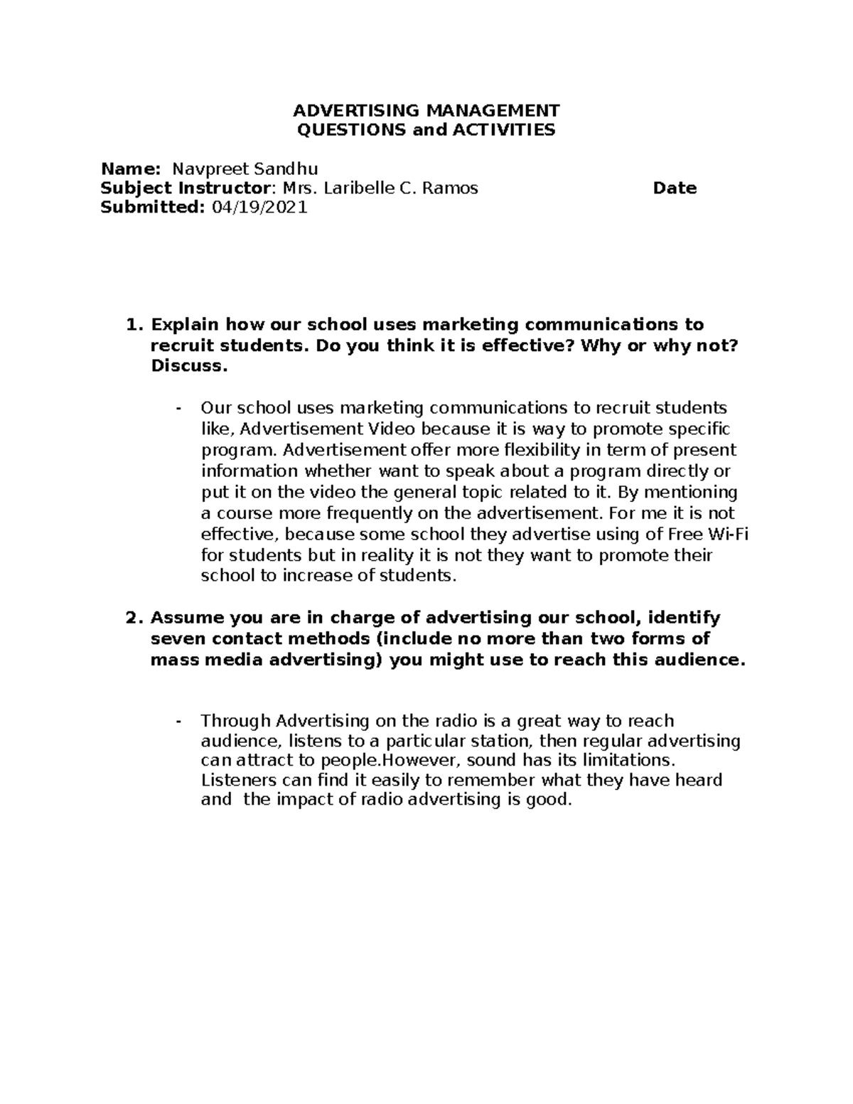 Advertising Management - ADVERTISING MANAGEMENT QUESTIONS and ...