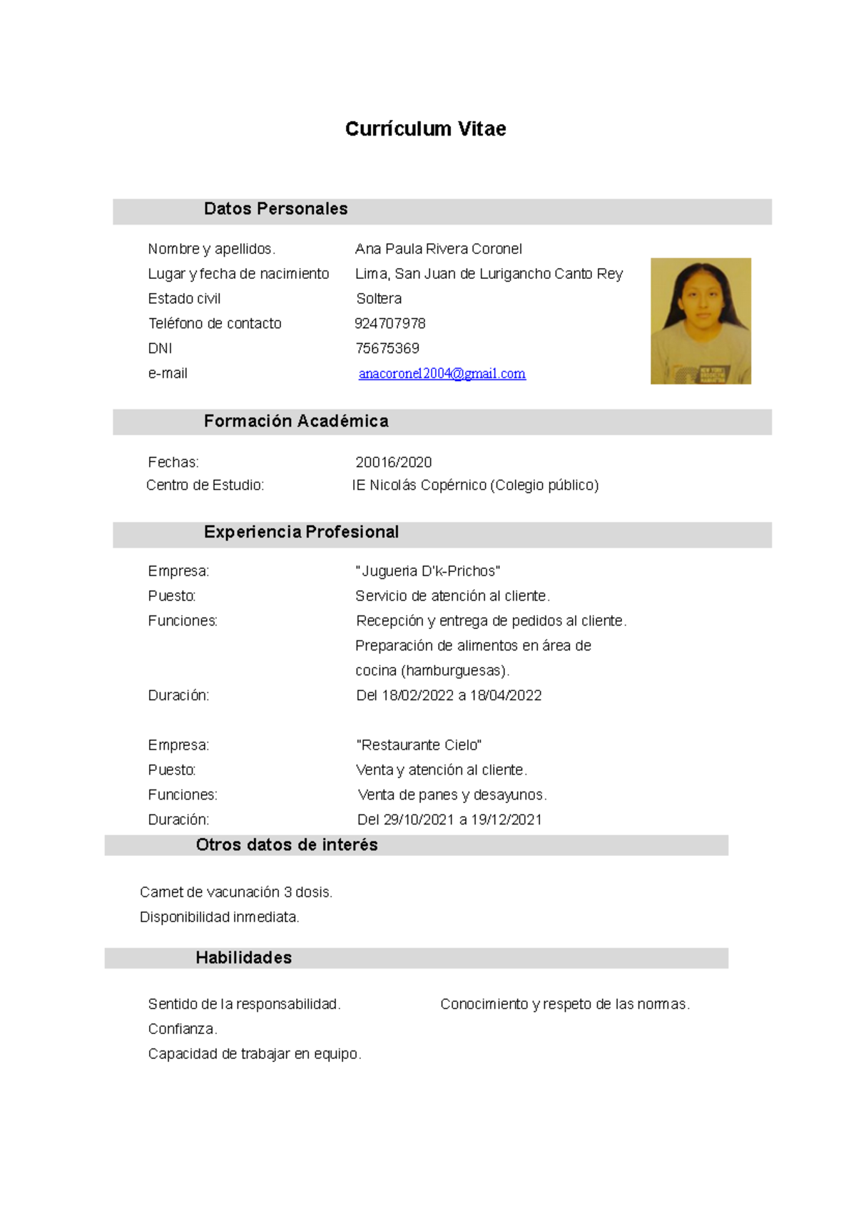 CV-ANA - curriculum vitae 2022h lima peru, preparación. ejemplo ...