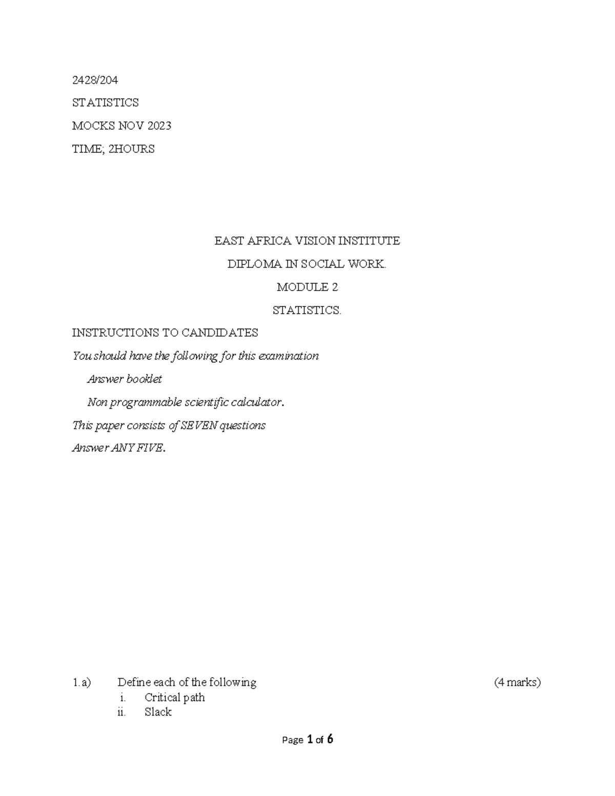 Statistics MOCK - Notes - 2428/ STATISTICS MOCKS NOV 2023 TIME; 2HOURS ...