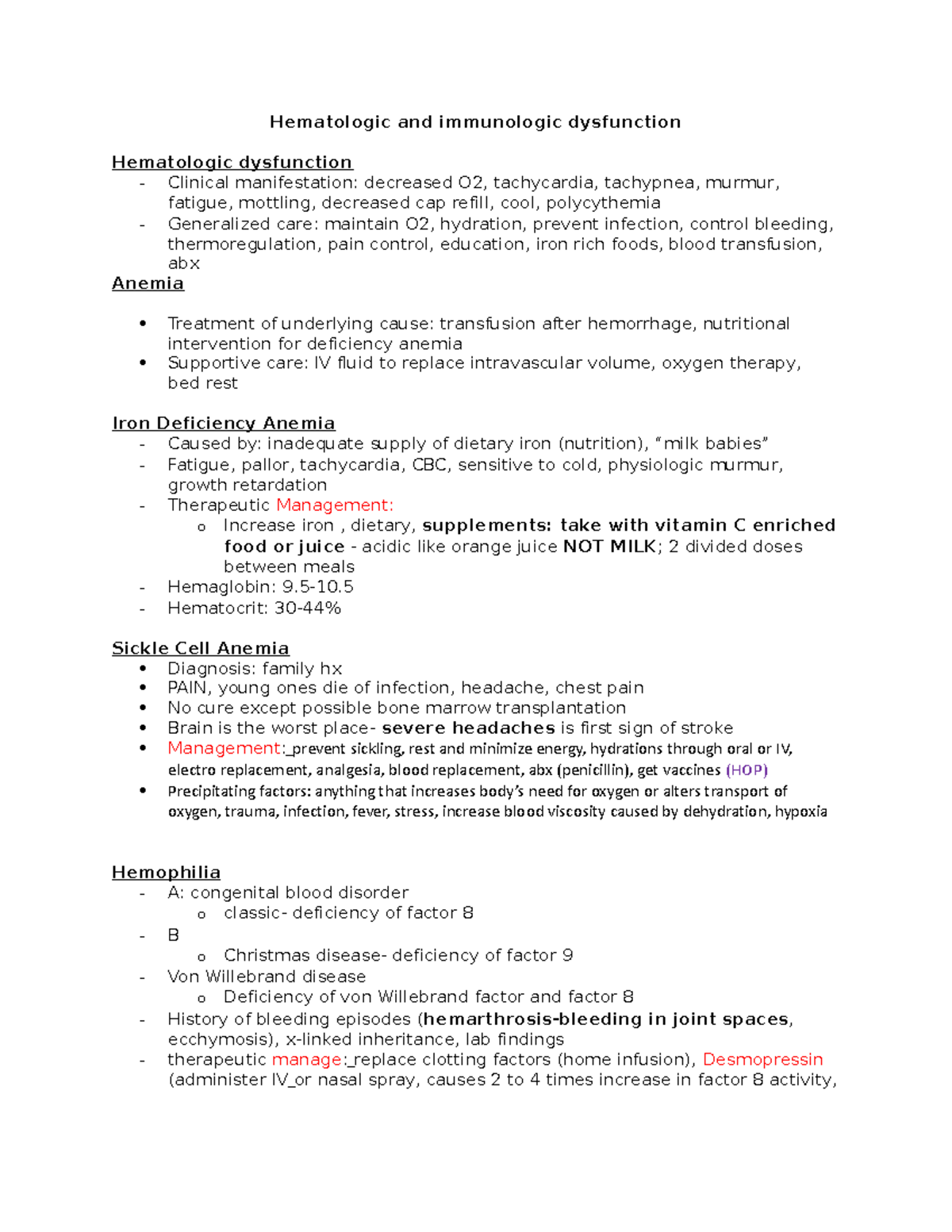 NUR 254 Review Topics Exam 4 - Hematologic and immunologic dysfunction ...