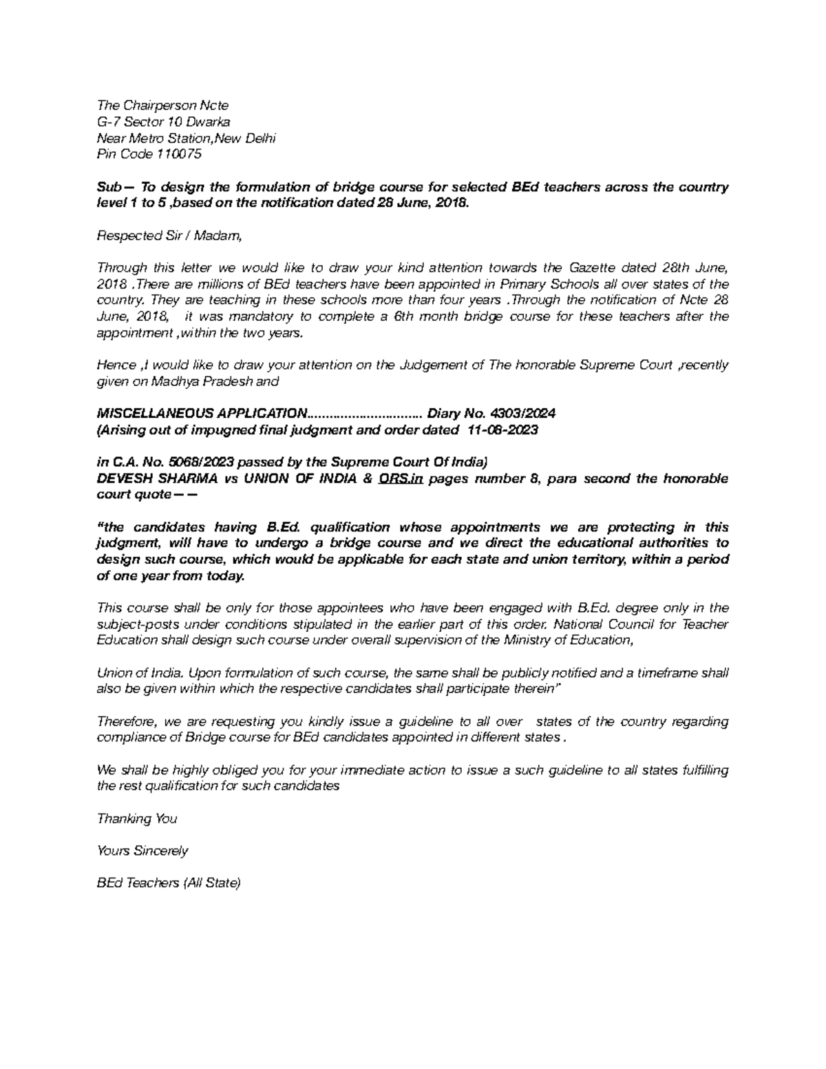 Application for Bridge Course - The Chairperson Ncte G-7 Sector 10 ...