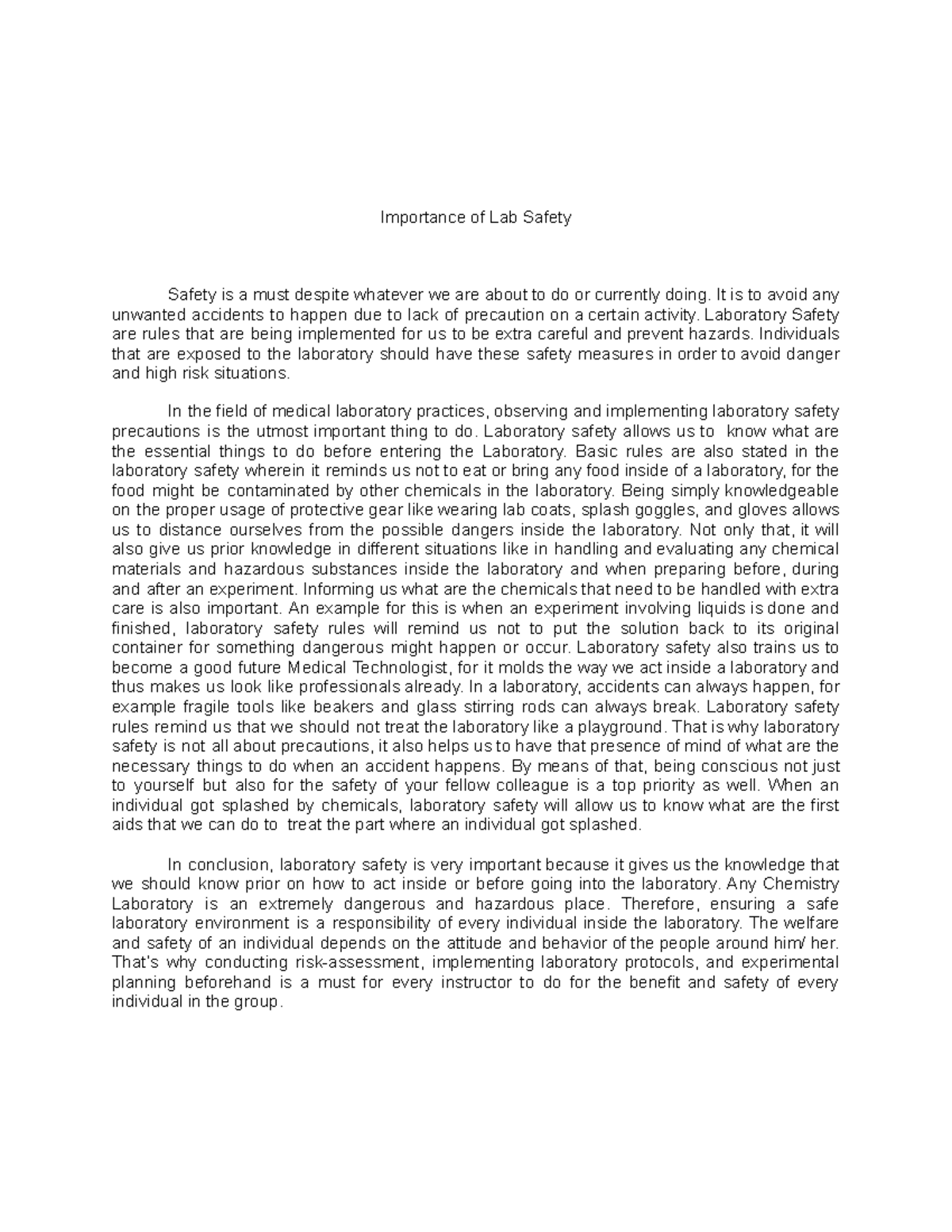 Lab safety - Homework - Importance of Lab Safety Safety is a must ...