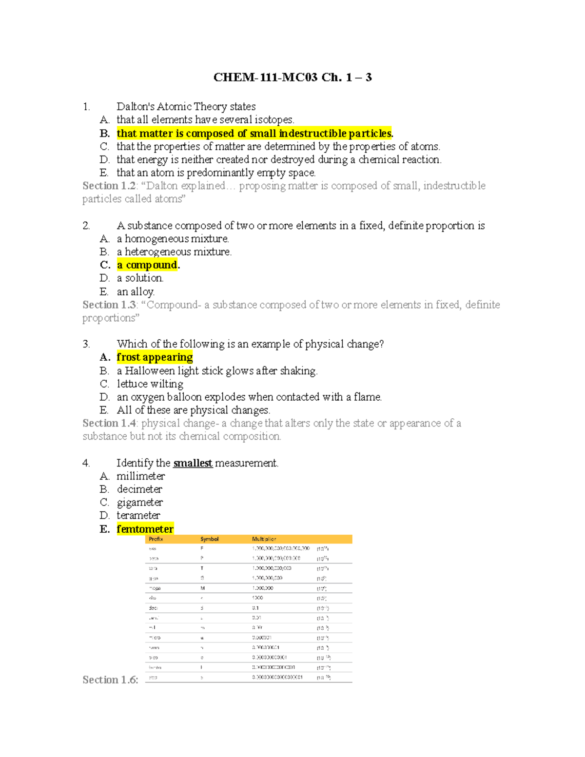 CHEM 111 Exam 1 Fall Form A - CHEM-111-MC03 Ch. 1 – 3 Dalton's Atomic ...