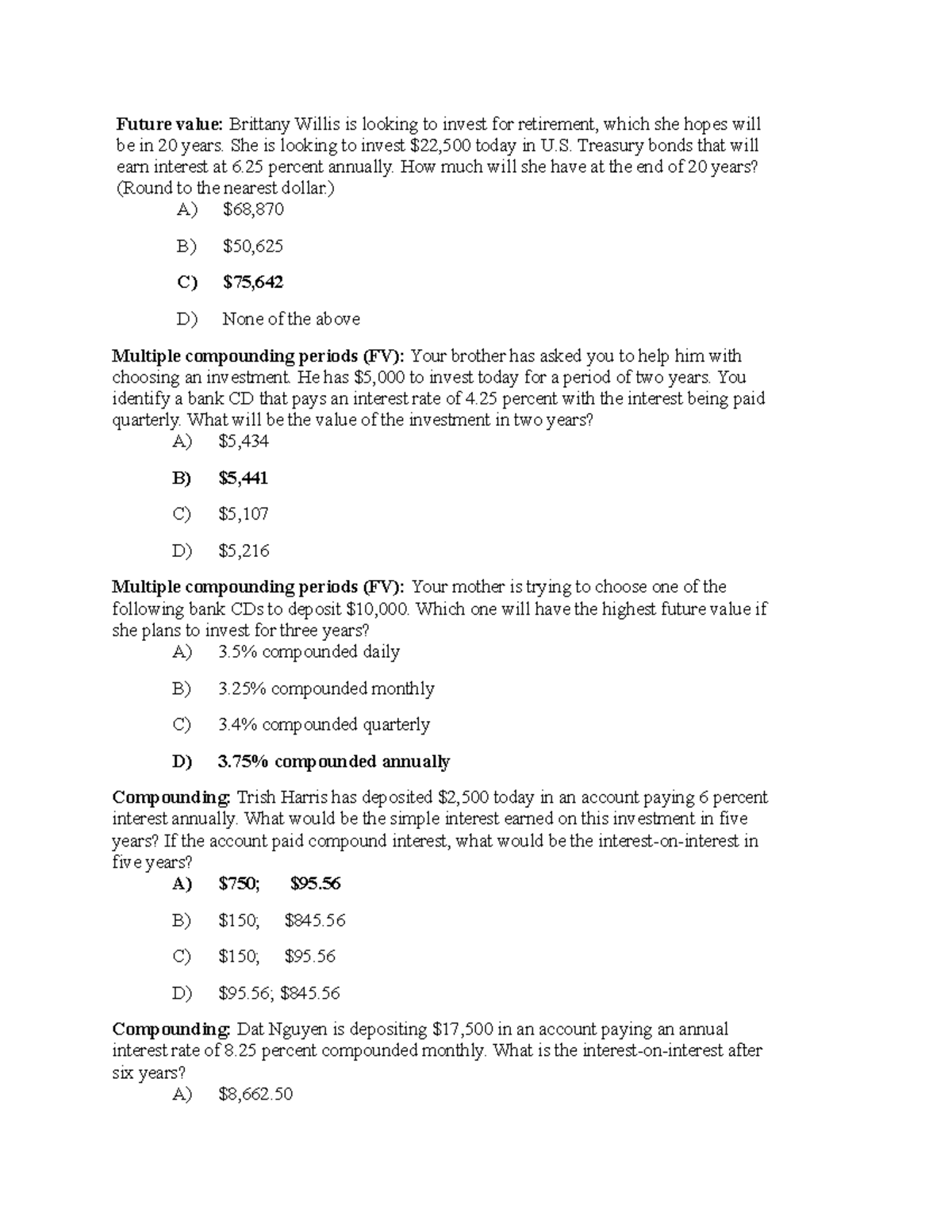 Practice Quiz 2 - Financial - Future value: Brittany Willis is looking ...