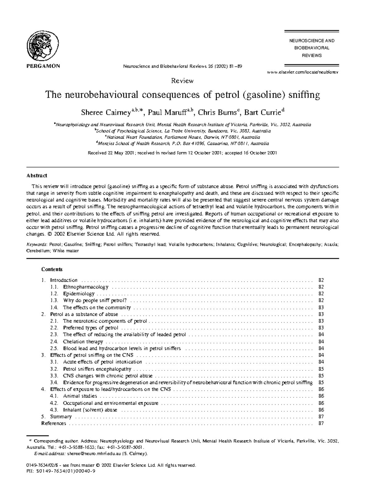 Neurobehavioural consequences of petrol sniffing - Review The ...