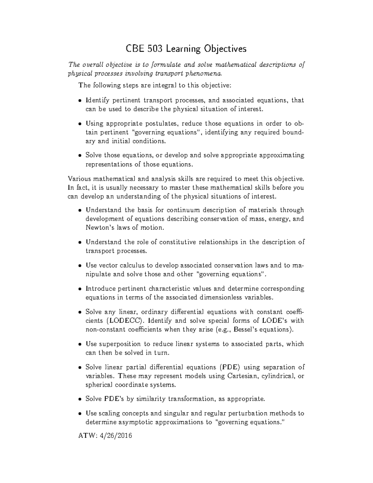 Learning Objectives - Reading materials for the start of the class ...