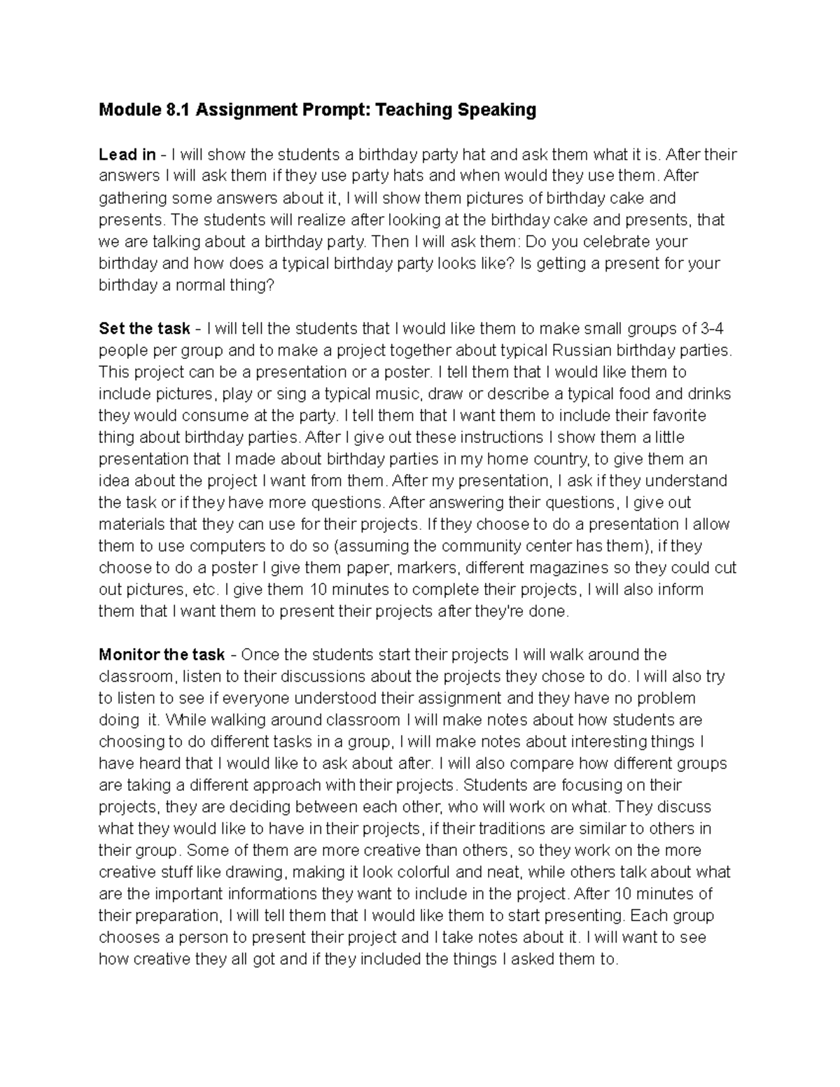 Veronika Rupova - Module 8.1 Assignment Prompt Teaching Speaking - Module 8 Assignment Prompt ...