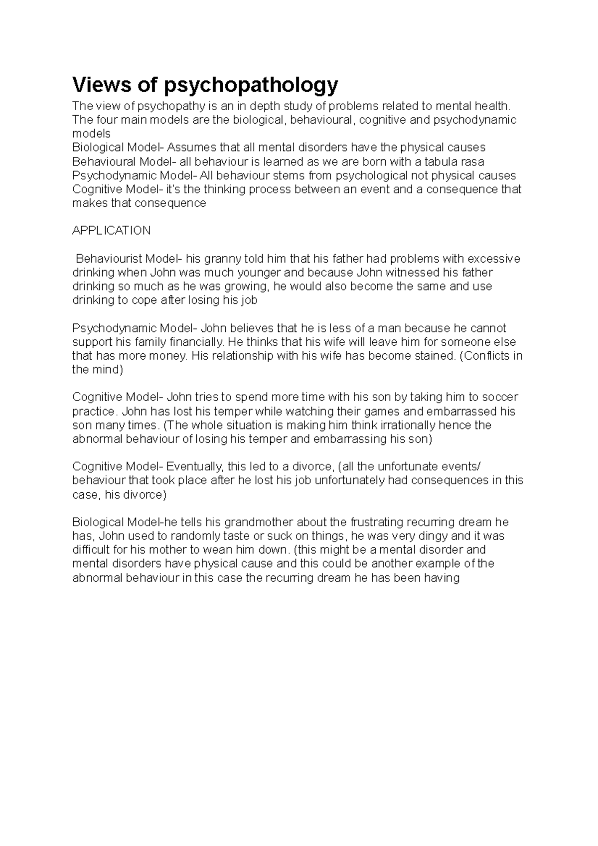 Views of psychopathology - The four main models are the biological ...