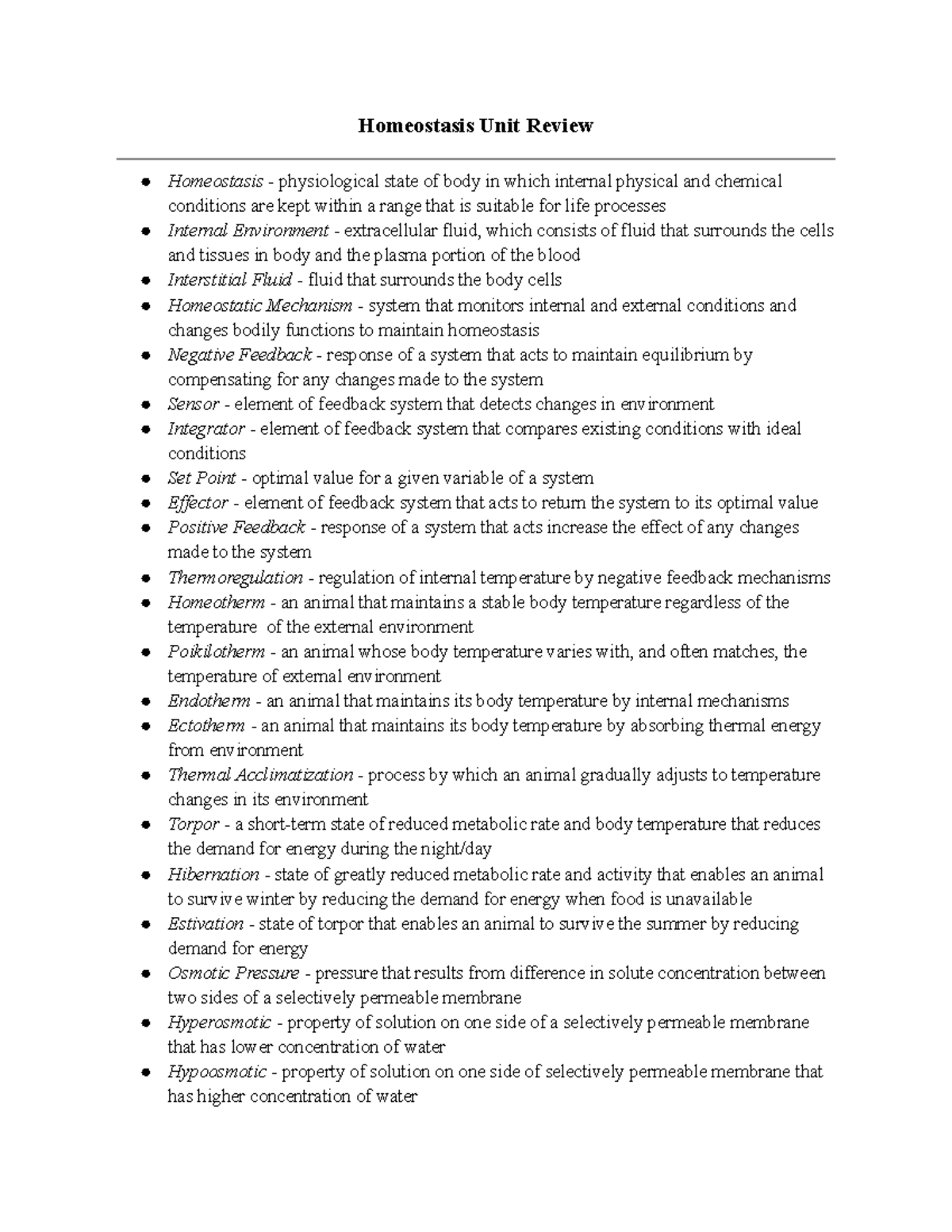 Grade 12 Biology Homeostasis Review - Homeostasis Unit Review ...