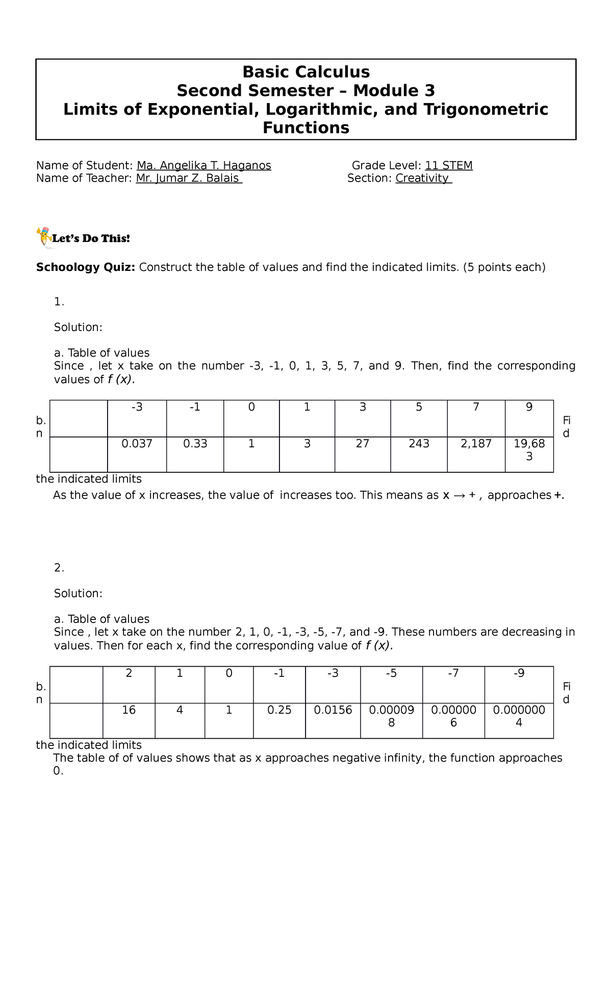 Basic Calculus 11-1-3 - Name of Student: Ma. Angelika T. Haganos Grade ...