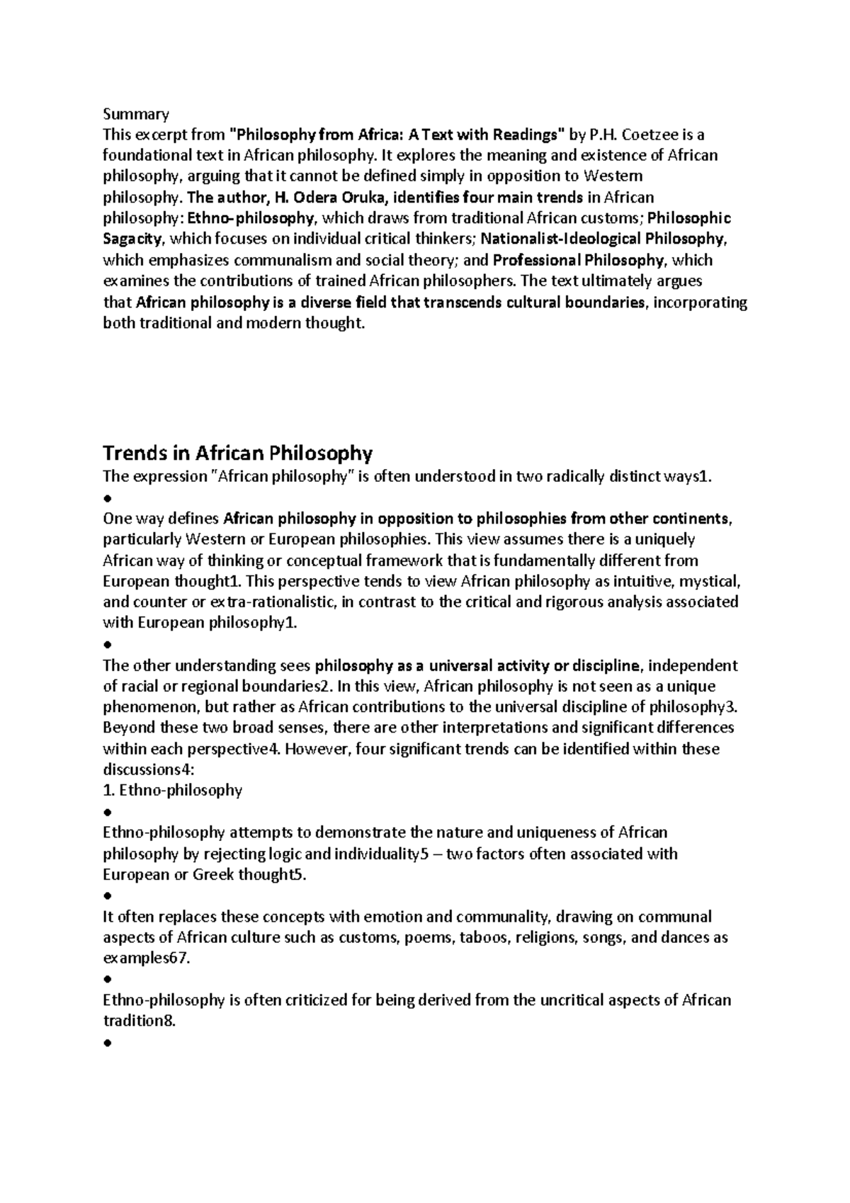 H. Odera Oruka - Summary This excerpt from "Philosophy from Africa: A ...