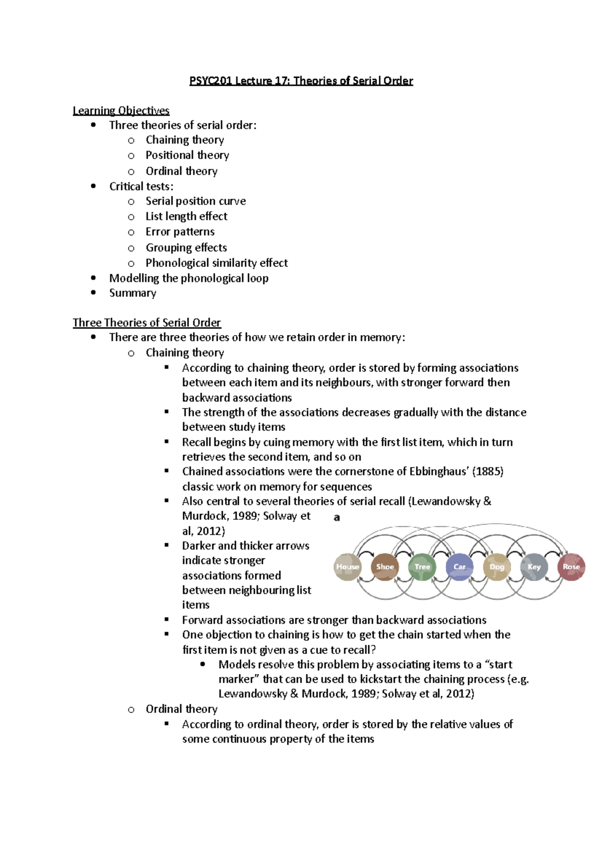 PSYC201 Lecture 17 (Notes) - PSYC201 Lecture 17: Theories of Serial ...