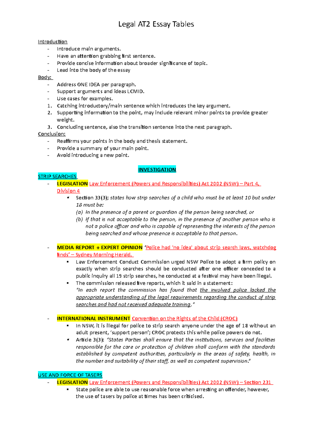 Legal AT2 essay tables - Introduction - Introduce main arguments ...
