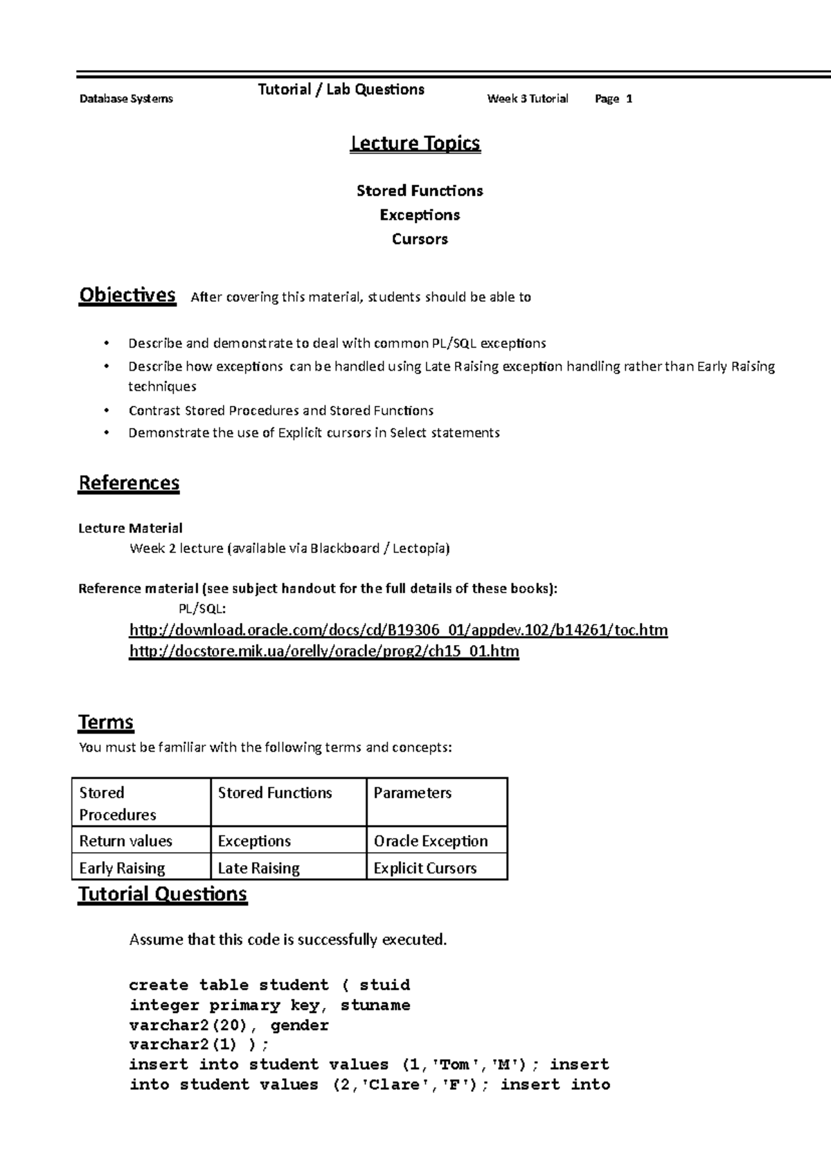 INF2001 0 Week 3 Tutorial Q - Database Systems Week 3 Tutorial Page 1 Lecture Topics Stored ...