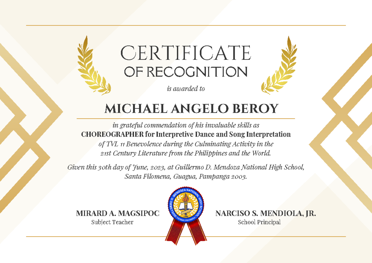 Choreographer Certificate - michael angelo beroy OF RECOGNITION is ...