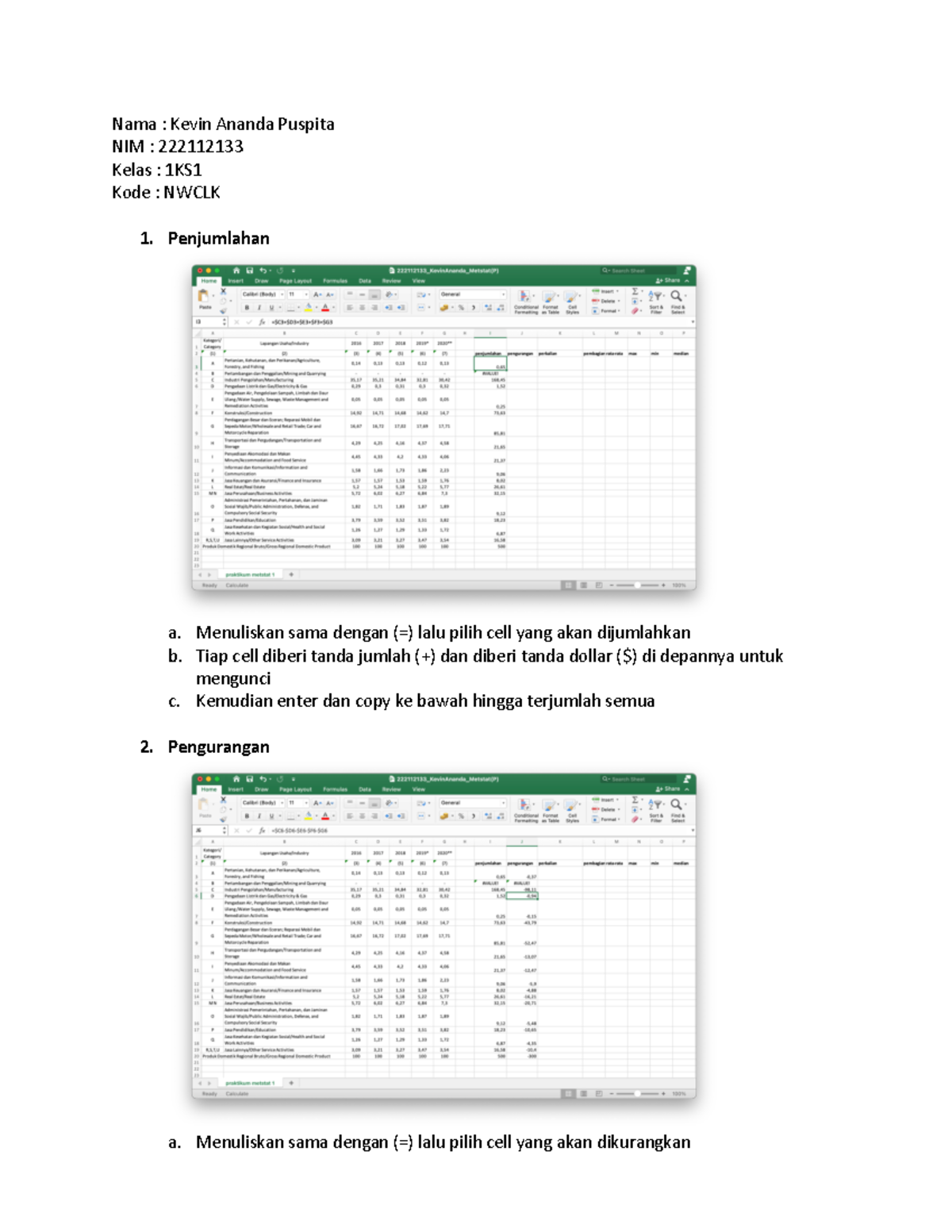 rumus dasar excel - Nama : Kevin Ananda Puspita NIM : 222112133 Kelas ...