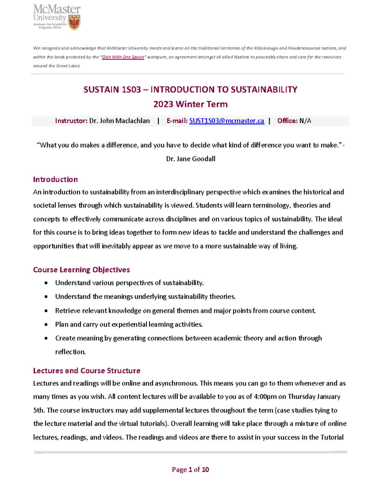 Sustain Course Outline - We recognize and acknowledge that McMaster ...