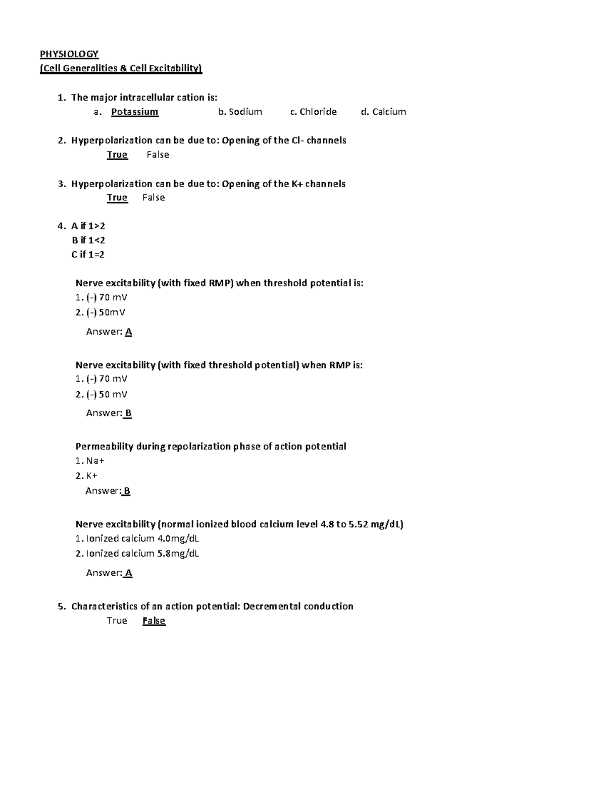 Physiology Sample Questions - PHYSIOLOGY (Cell Generalities & Cell ...