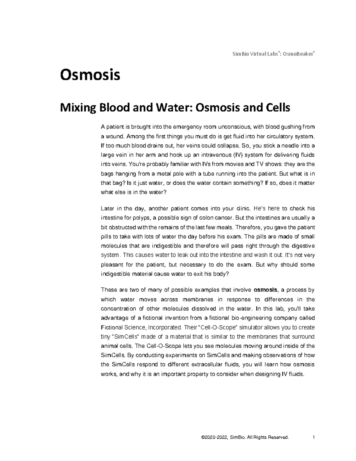 Osmosis complete Bio 1140 - SimBio Virtual Labs®: OsmoBeaker® Osmosis Mixing Blood and Water ...