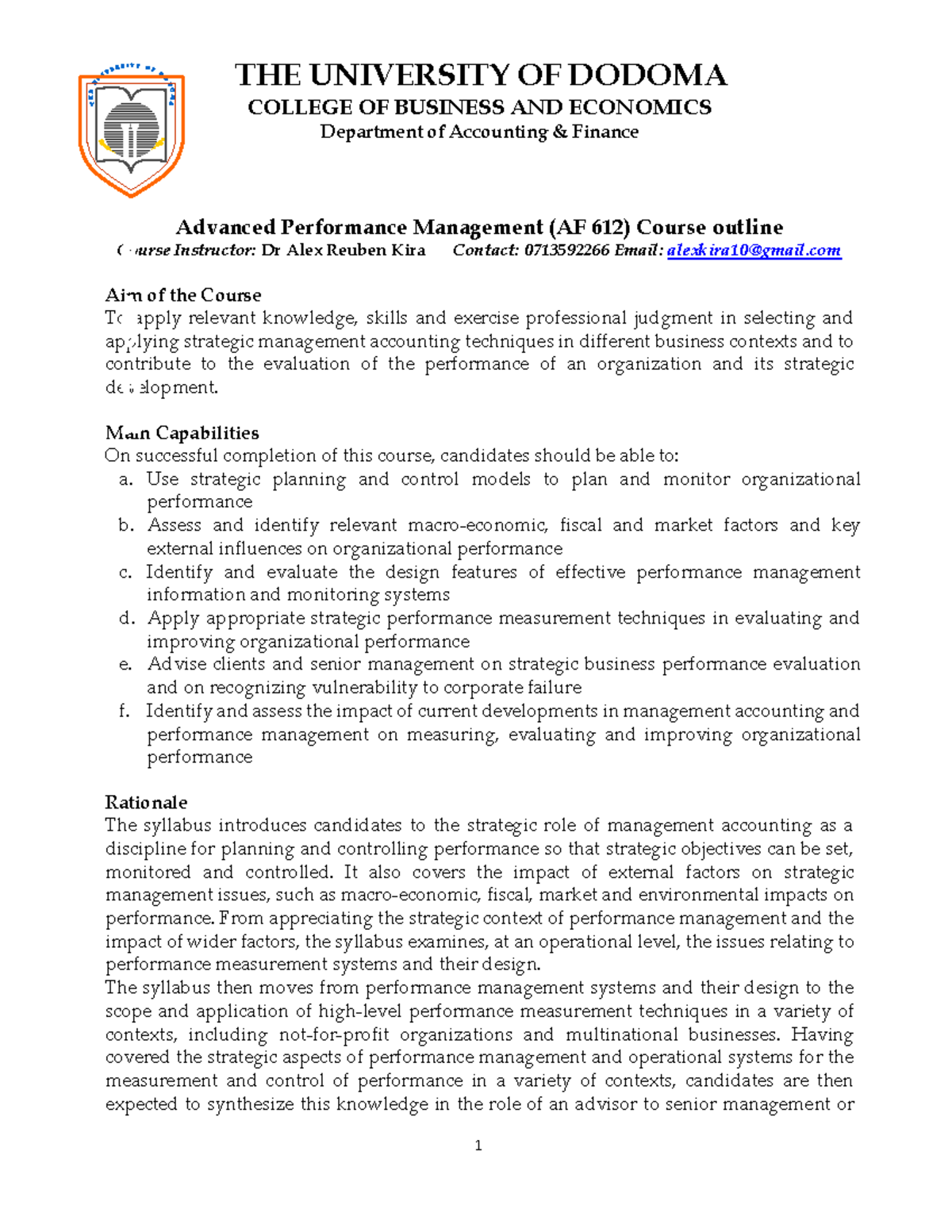 Advanced Performance Management Course Outline - Updated - 1 THE UNIVERSITY OF DODOMA COLLEGE OF ...